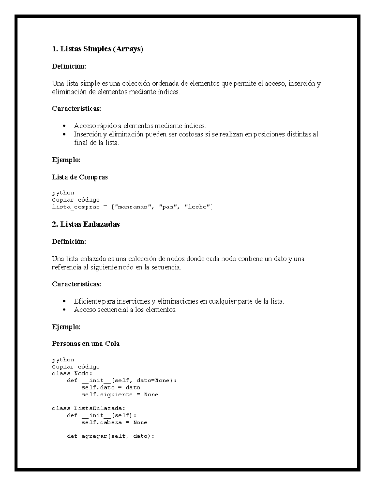 Tipos de listas Estructuras de datos - 1. Listas Simples (Arrays ...