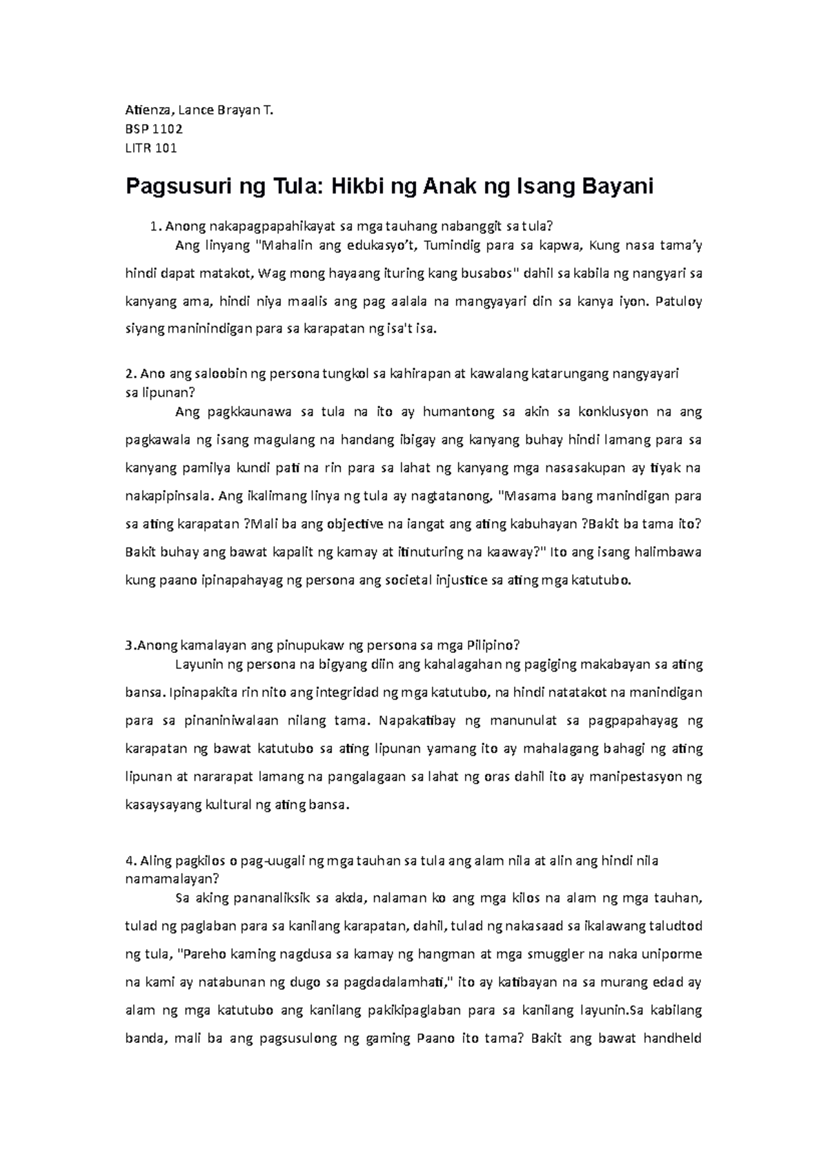 Literatura - Atienza, Lance Brayan T. BSP 1102 LITR 101 Pagsusuri ng Tula: Hikbi ng Anak ng ...