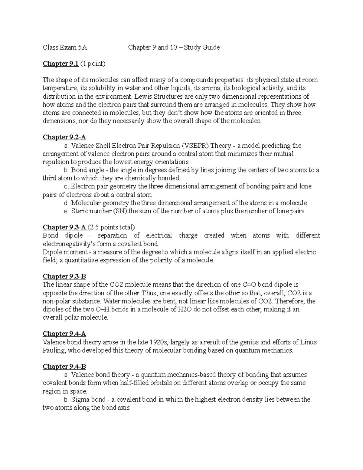 Study Guide for Chapter 9 and 10 - Class Exam 5A Chapter 9 and 10 ...