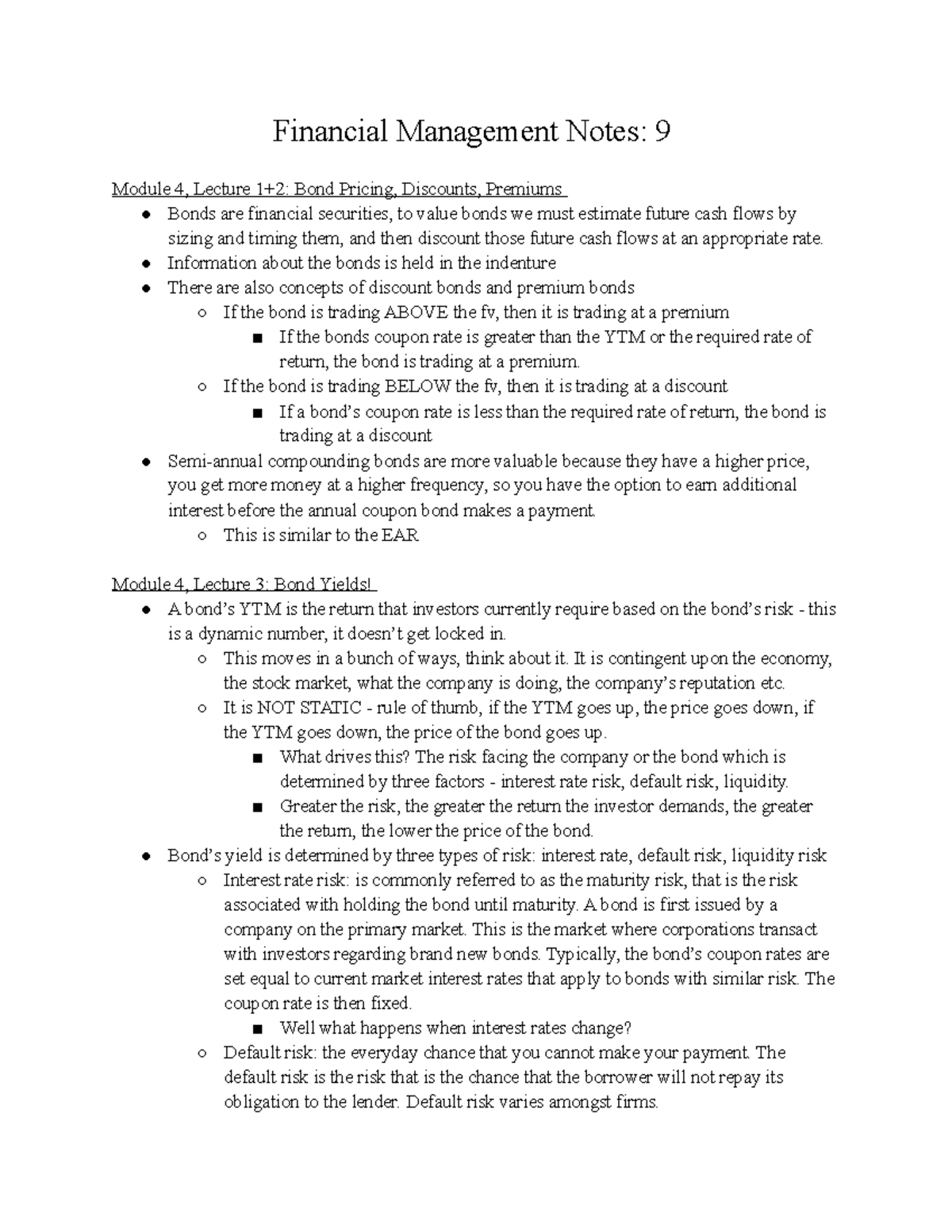 FINA3000 - Notes 9 - Financial Management Notes: 9 Module 4, Lecture 1 ...