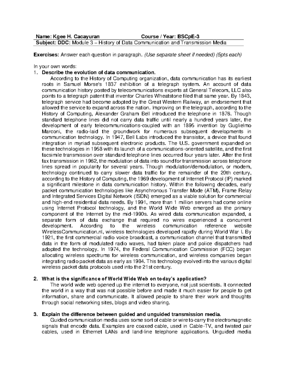 Module 3 – History of Data Communication and Transmission Media - Name ...
