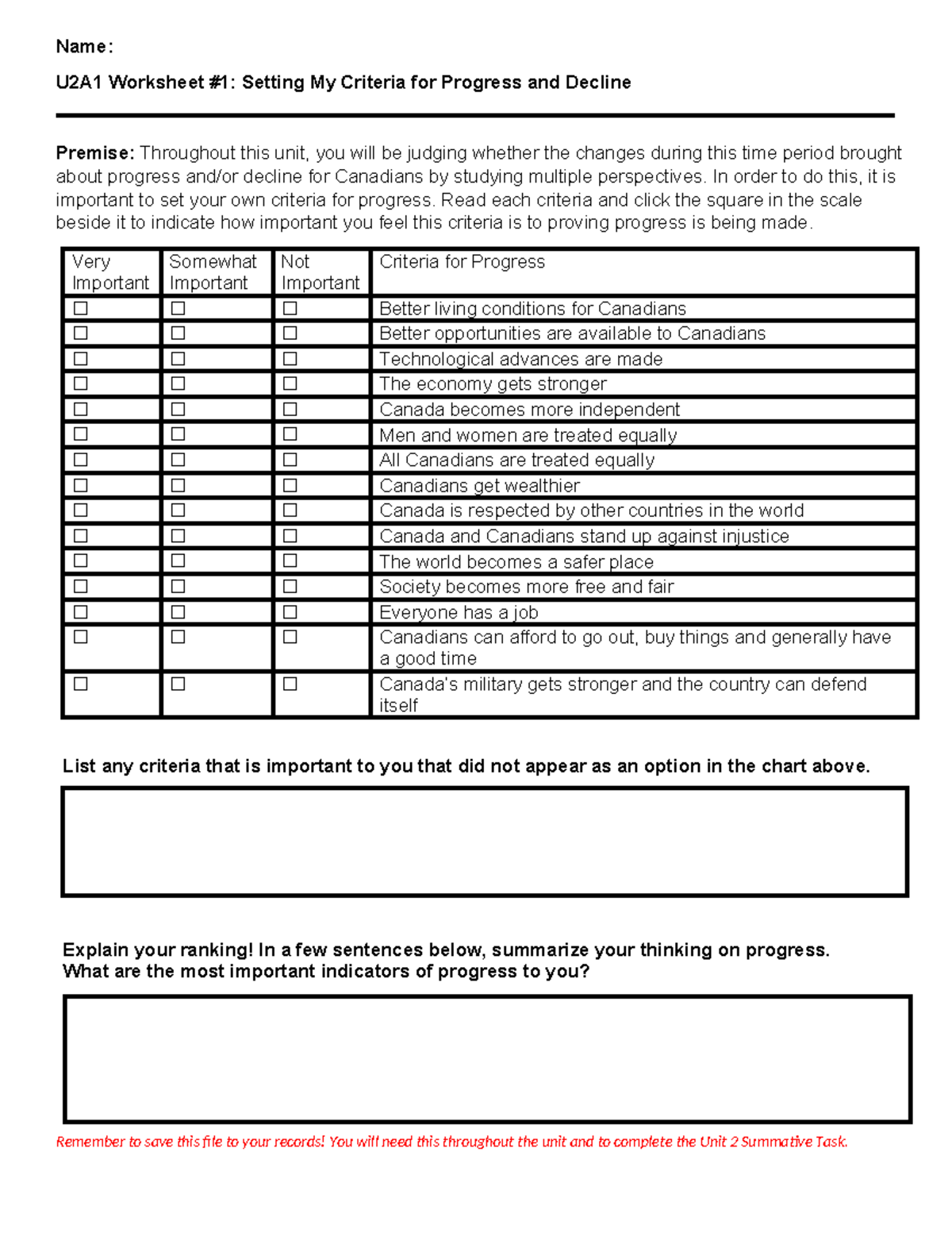 U2A1 Worksheet 1 setting my criteria for progress - Name: U2A1 ...