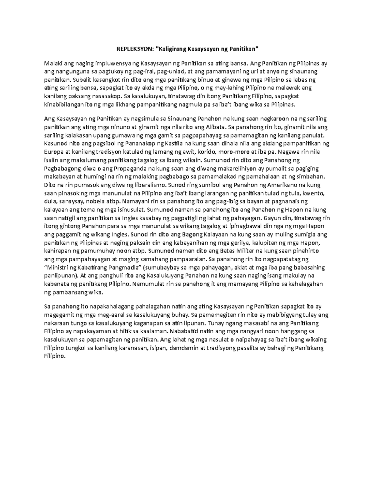 Edfil 103 Gawain BLG. 1 Repleksyon - REPLEKSYON: "Kaligirang Kasaysayan ...
