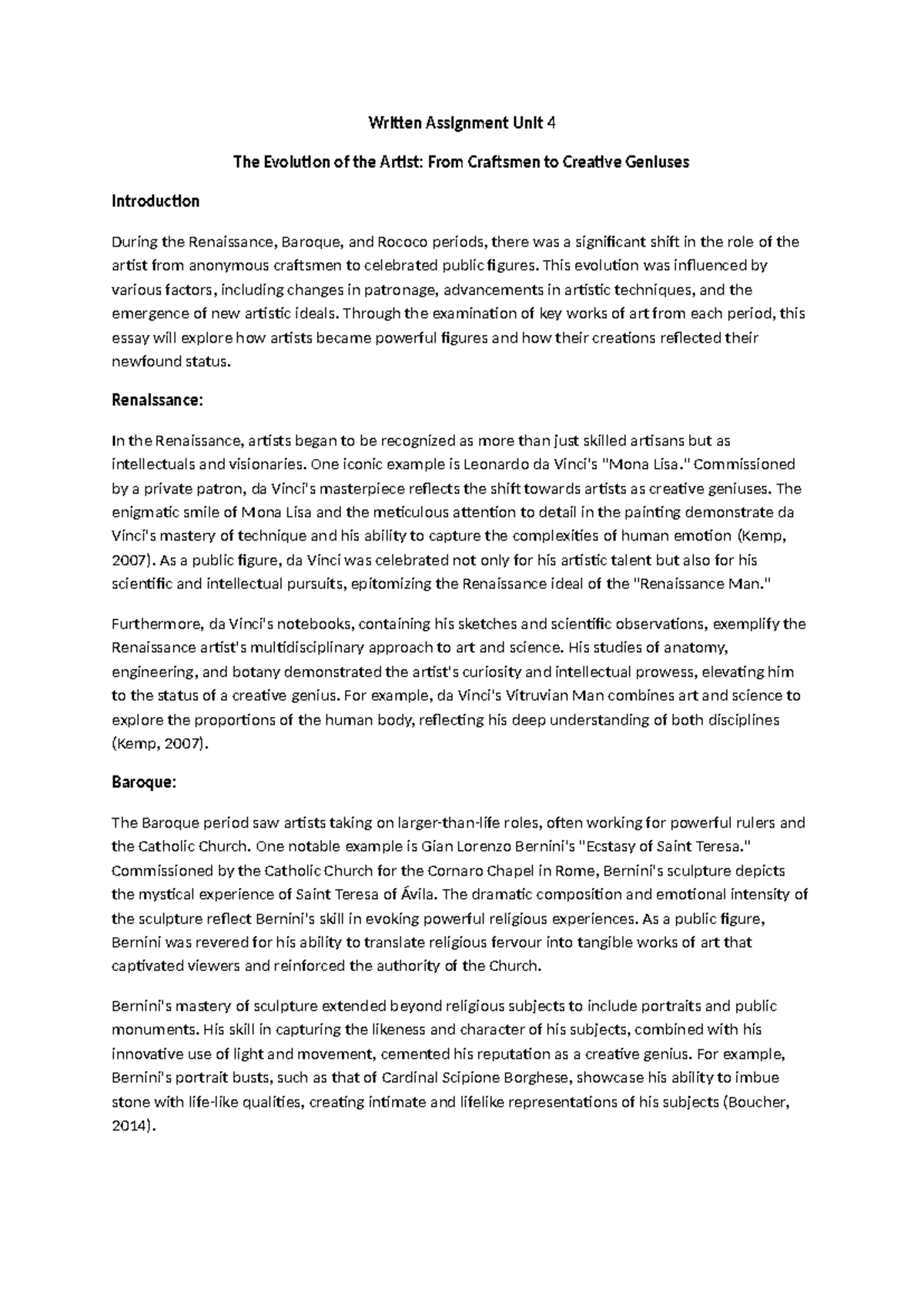 Assignment Unit 4 - Written Assessment - Written Assignment Unit 4 The Evolution of the Artist ...