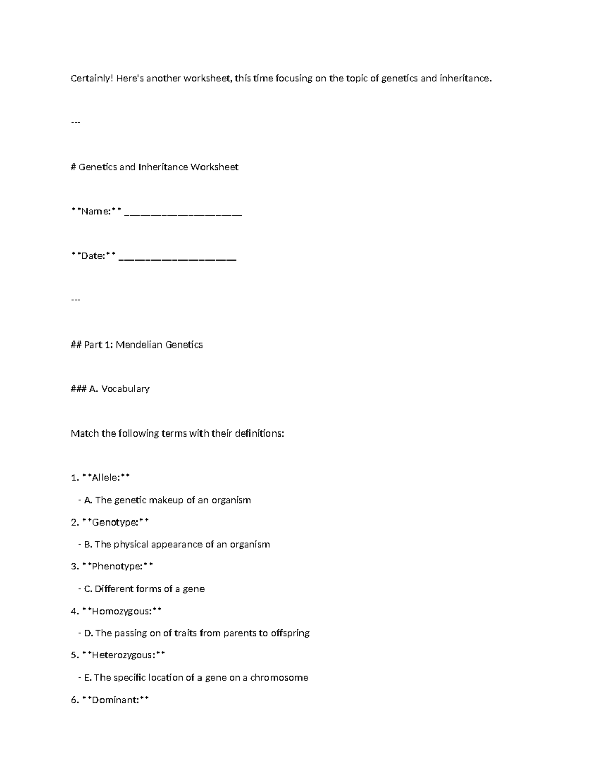 Genetics worksheet 2 - notes unit 9 - Certainly! Here's another ...