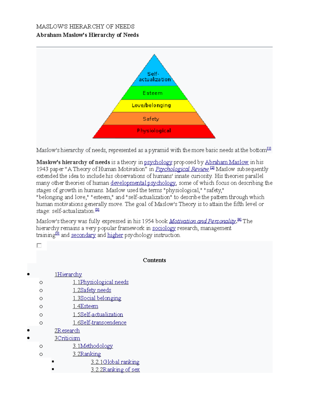Theory OF Needs Abraham - MASLOW'S HIERARCHY OF NEEDS Abraham Maslow's ...