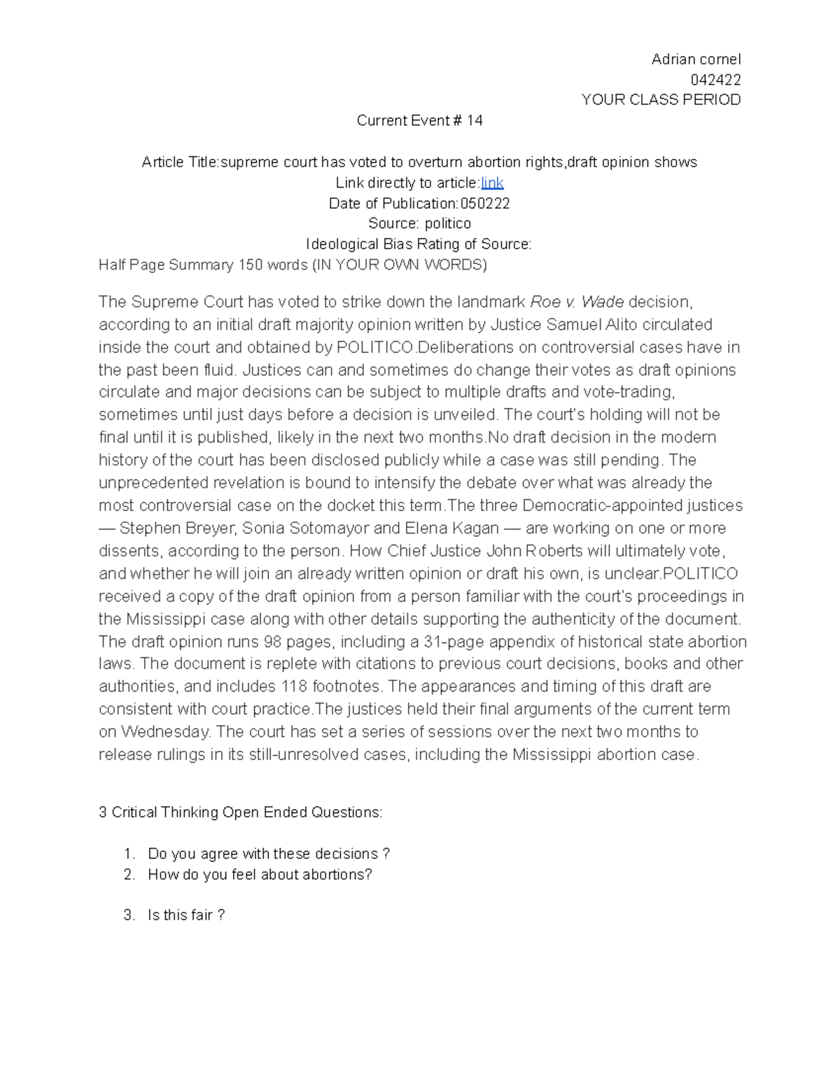 Current Event Template v1 - Adrian cornel 042422 YOUR CLASS PERIOD ...