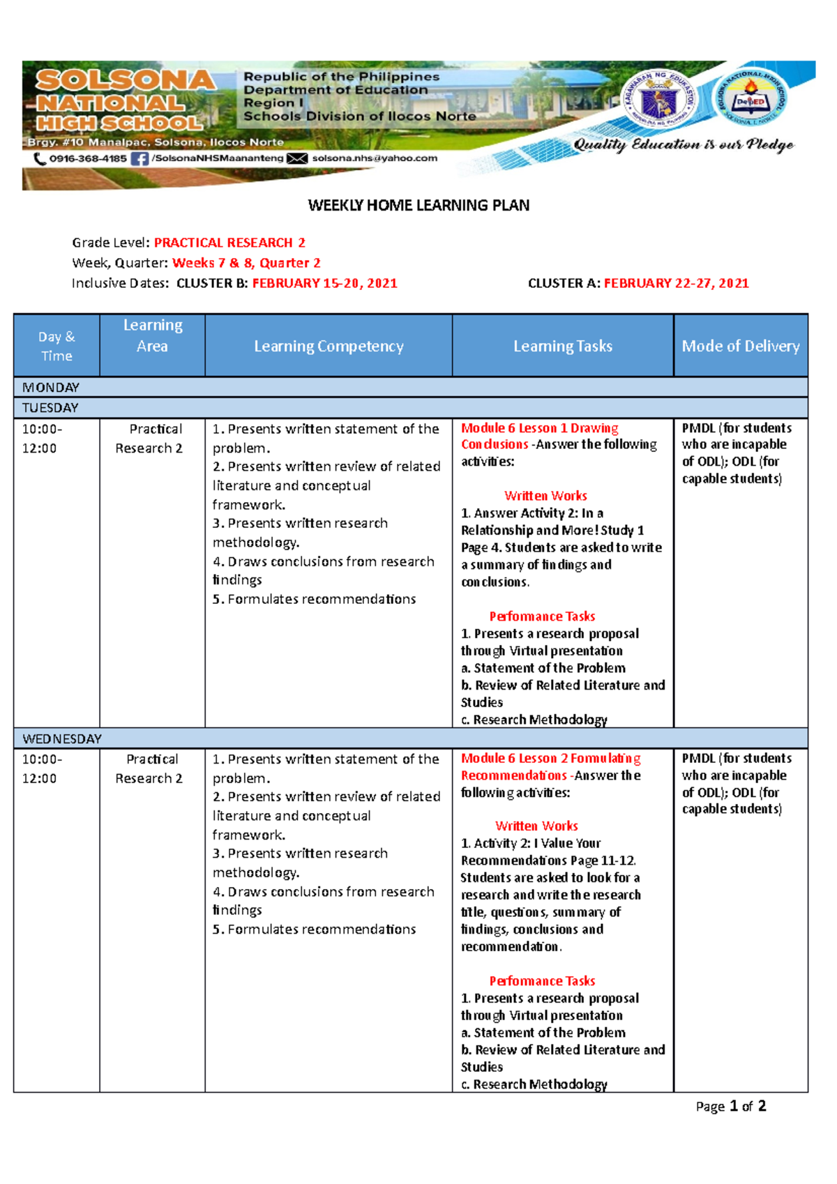 Q2 week 7 8 - Students are properly guided with this output. - WEEKLY ...