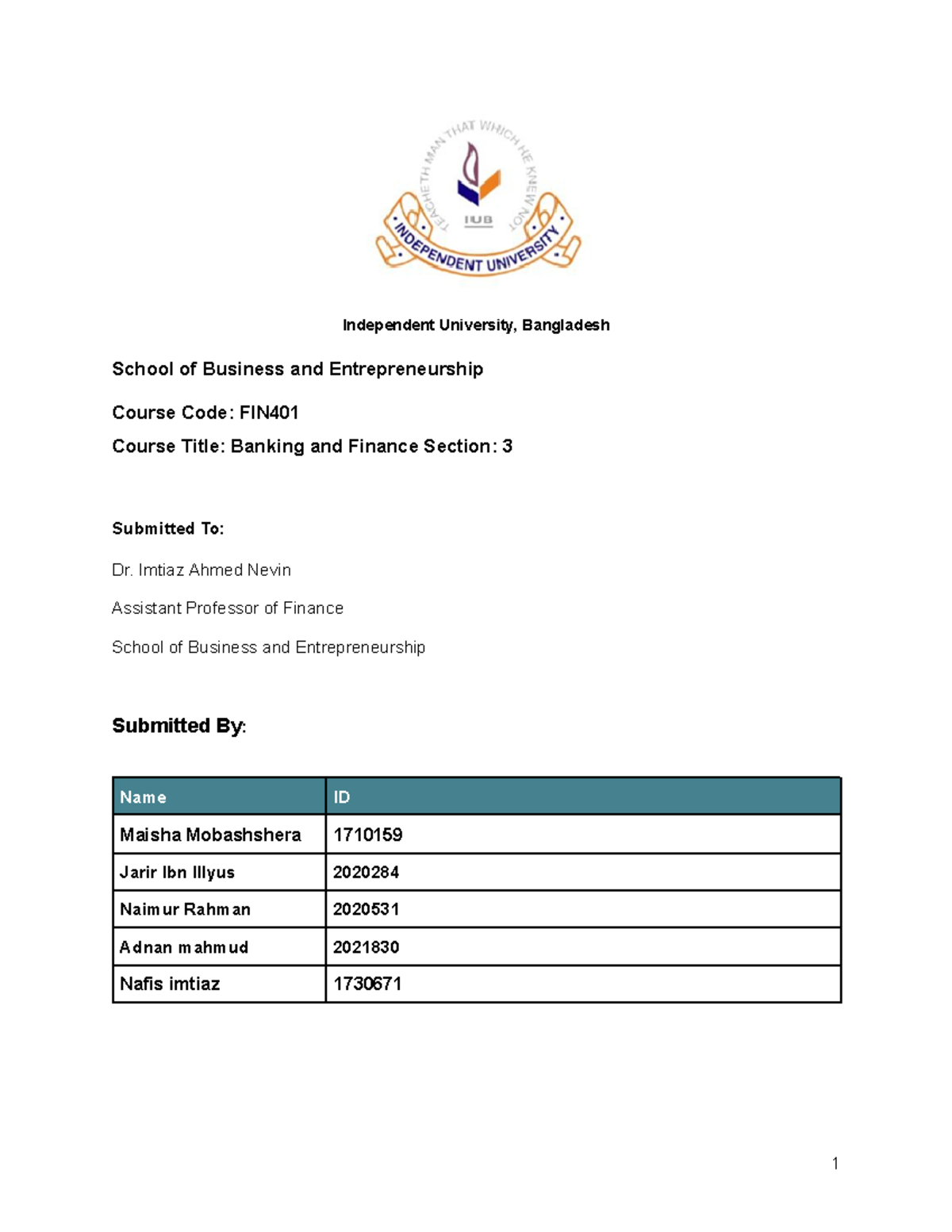 FIN-401- Assignment - Finance - Independent University, Bangladesh ...