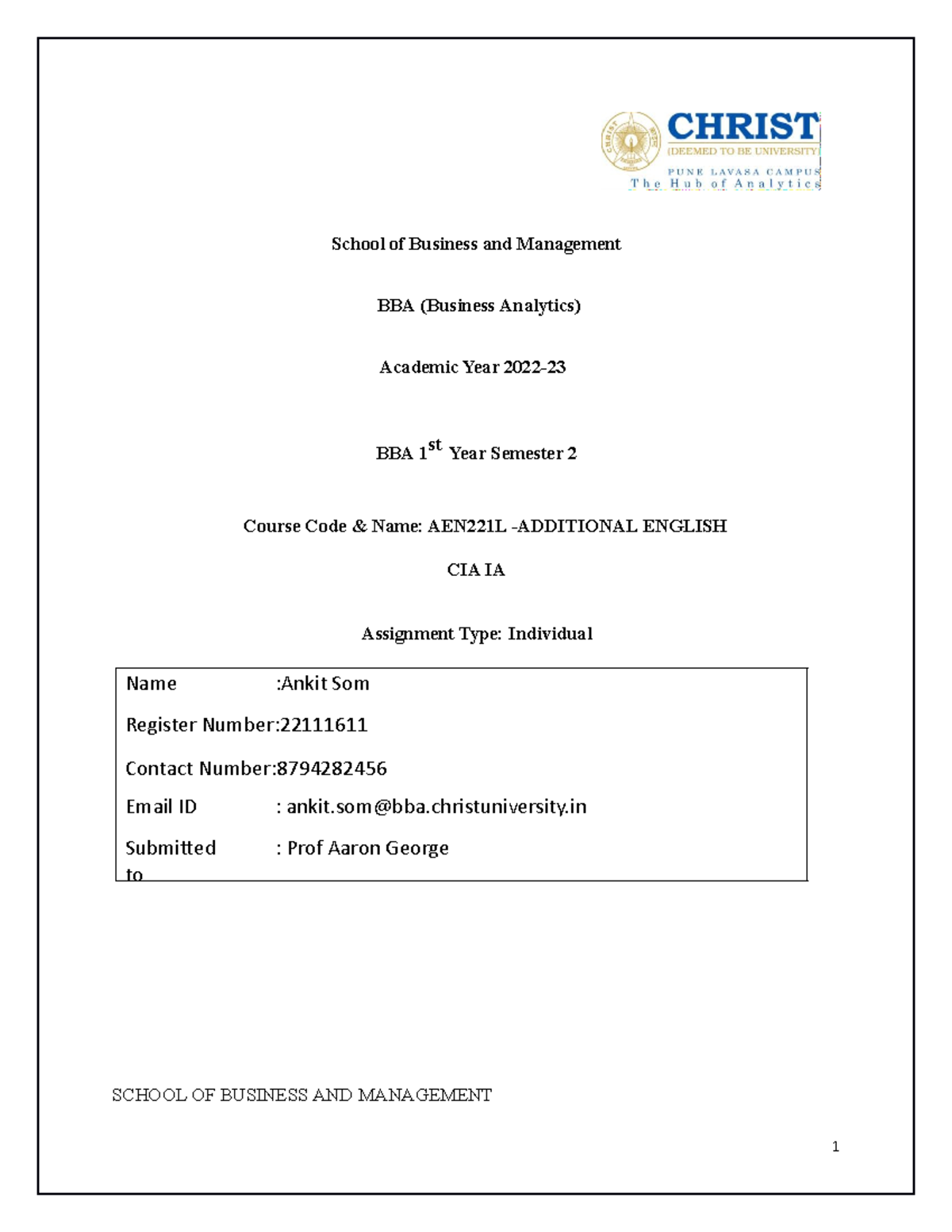 ADD ENG CIA 1 - AEN CIA - Name :Ankit Som Register Number: Contact ...