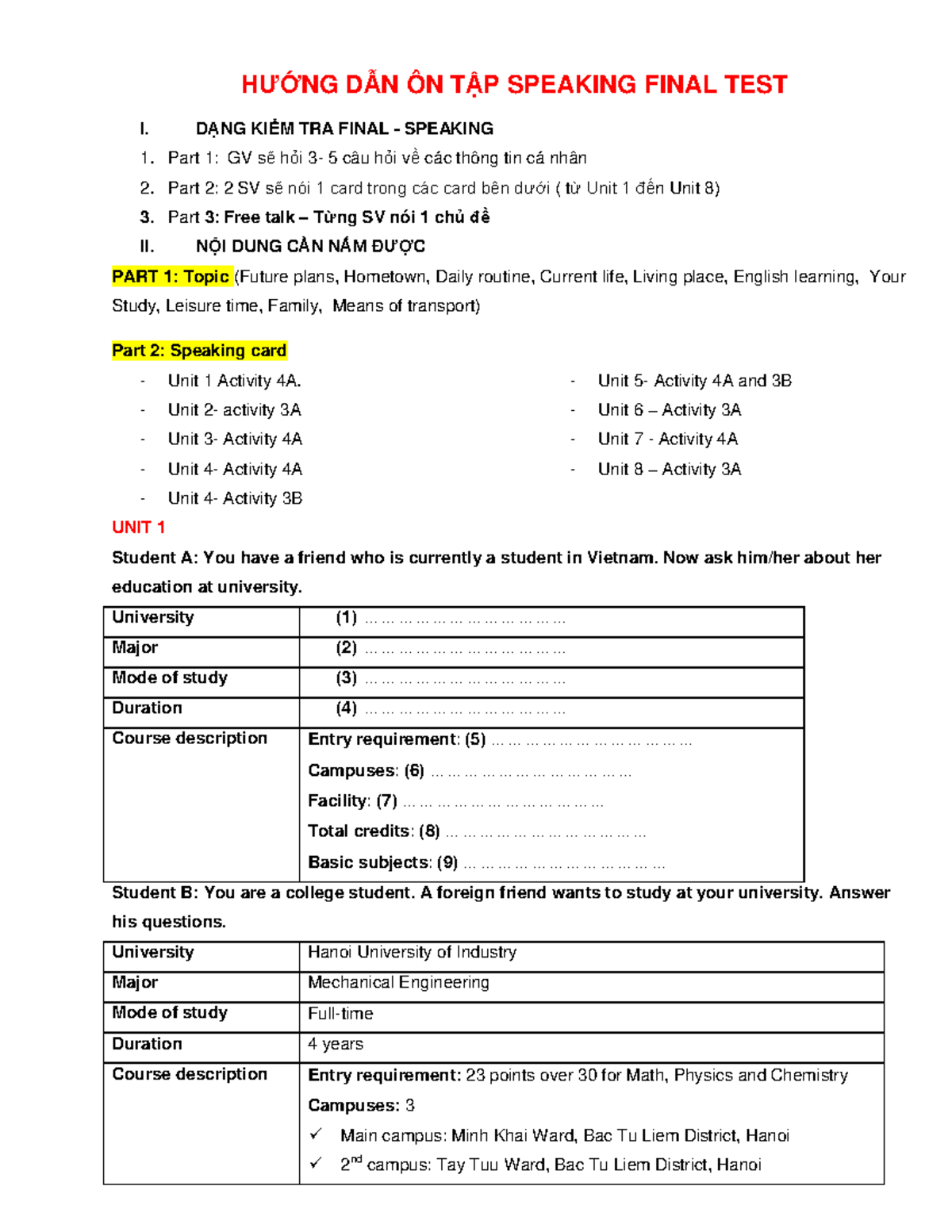 HƯỚNG DẪN ÔN TẬP Speaking Final TEST-2022 - HƯỚNG DẪN ÔN TẬP SPEAKING ...