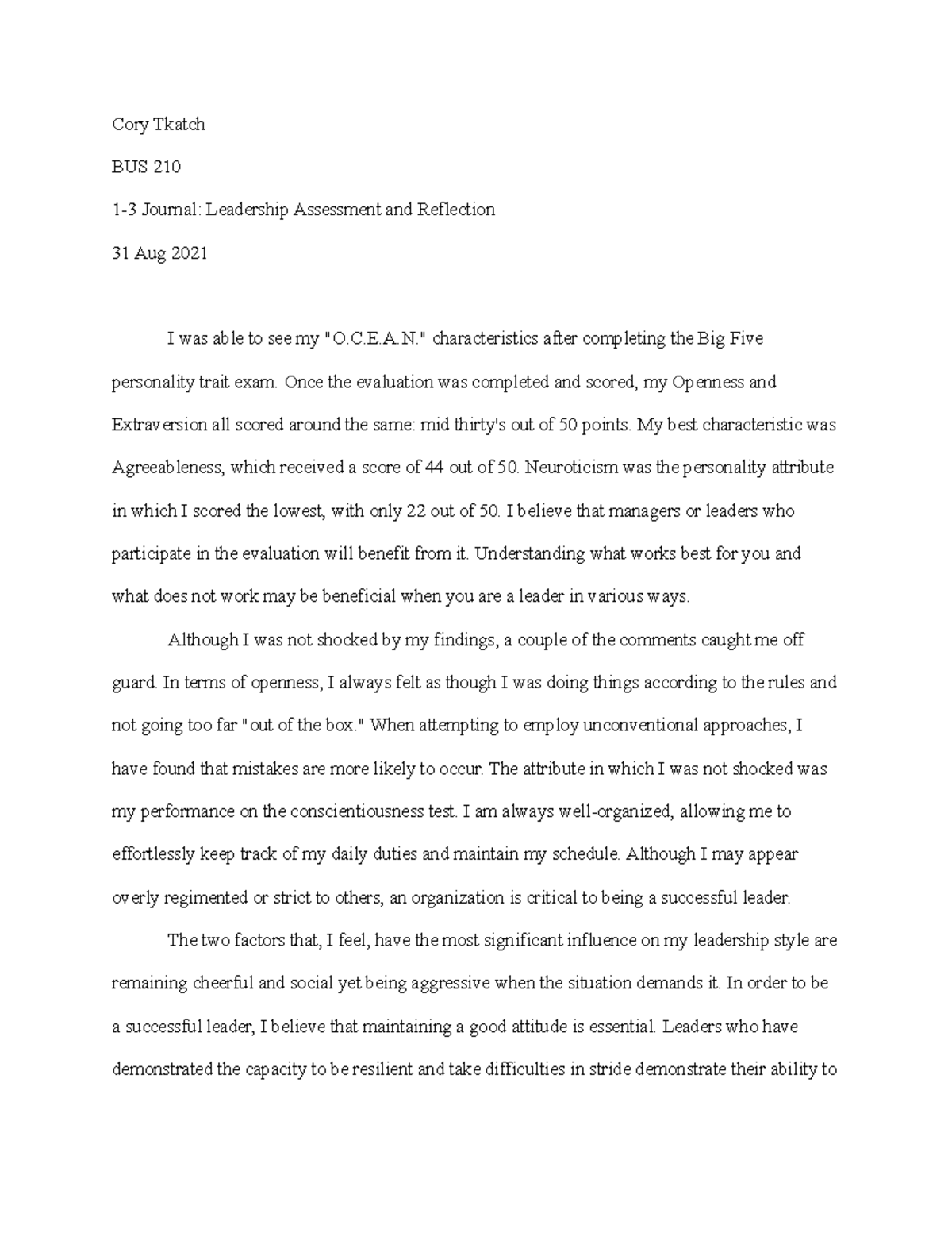 1-3 Journal - assignment - Cory Tkatch BUS 210 1-3 Journal: Leadership ...