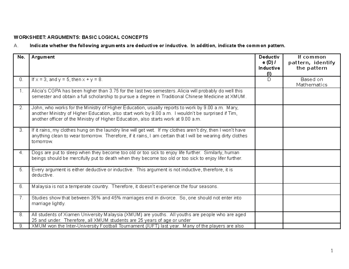 Worksheets A-D on Arguments - WORKSHEET: ARGUMENTS: BASIC LOGICAL ...