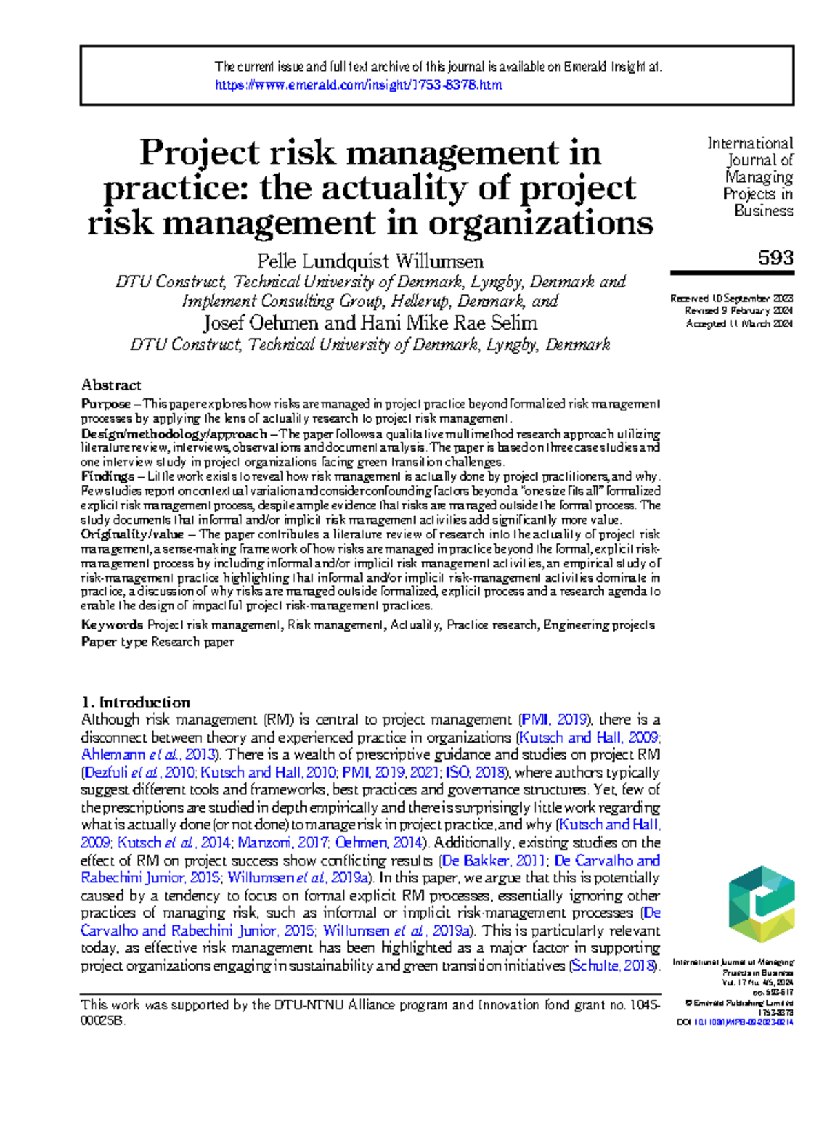 PROJECT RISK MANAGEMENT - Project risk management in practice: the ...