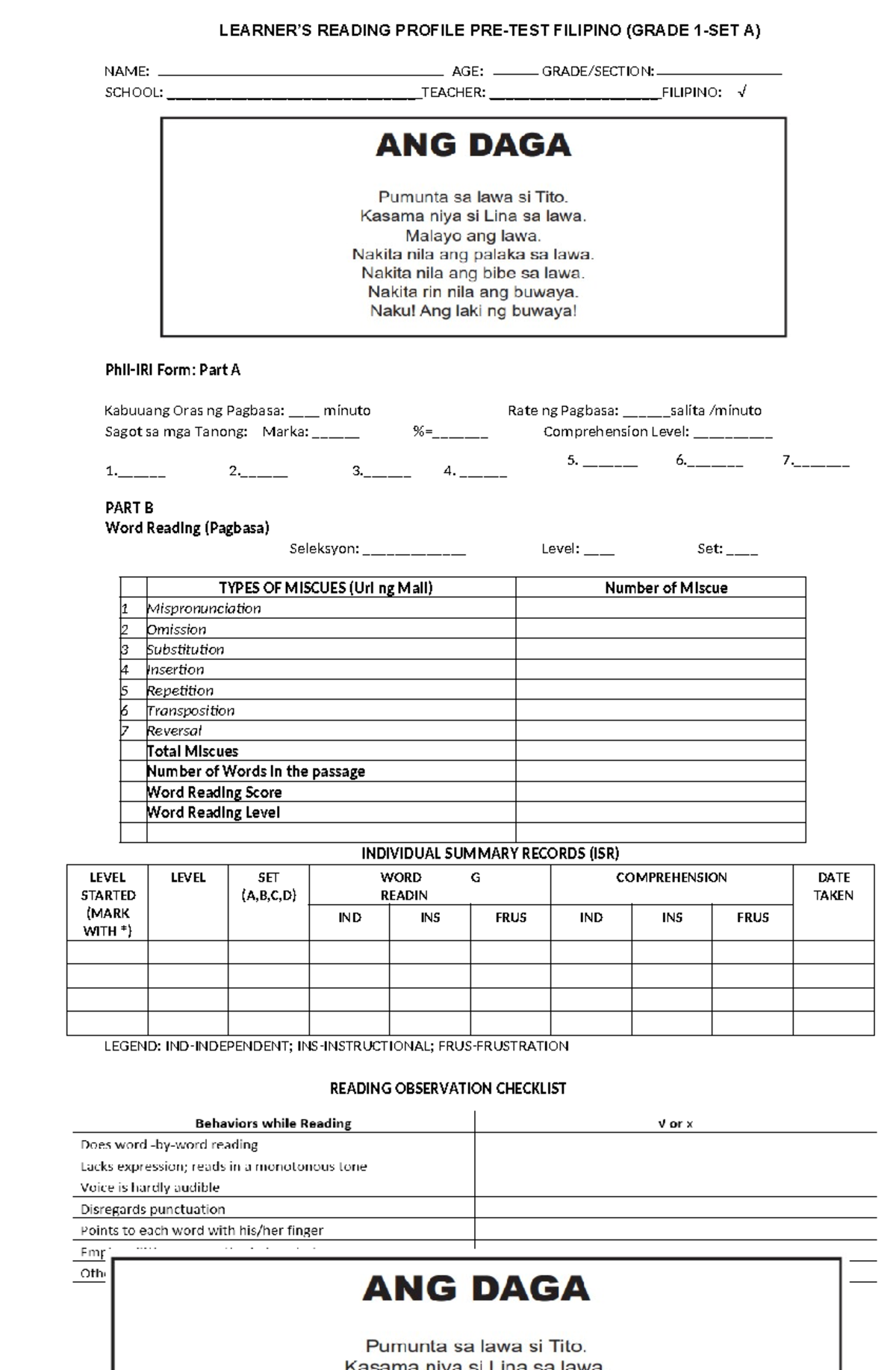 Pretest- Filipino 1 - reading - LEARNER’S READING PROFILE PRE-TEST ...