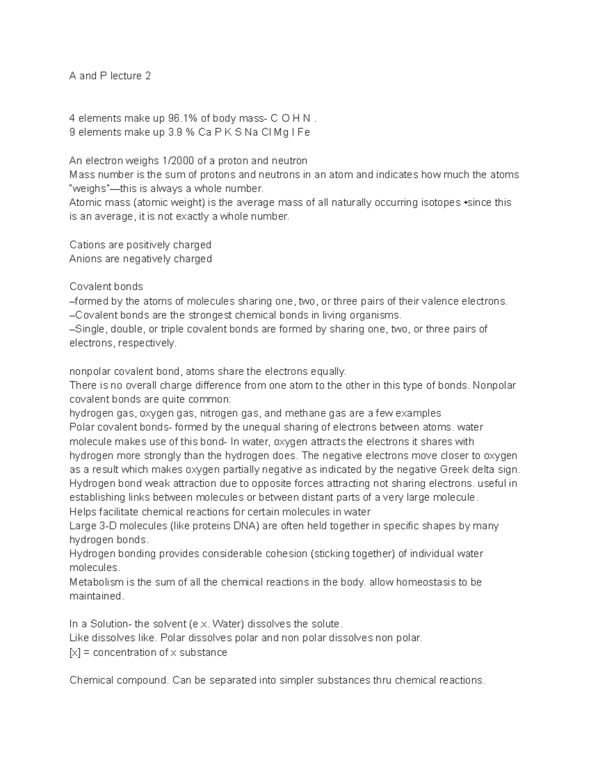 A and P lecture 2 - This is a very helpful summary of the required ...