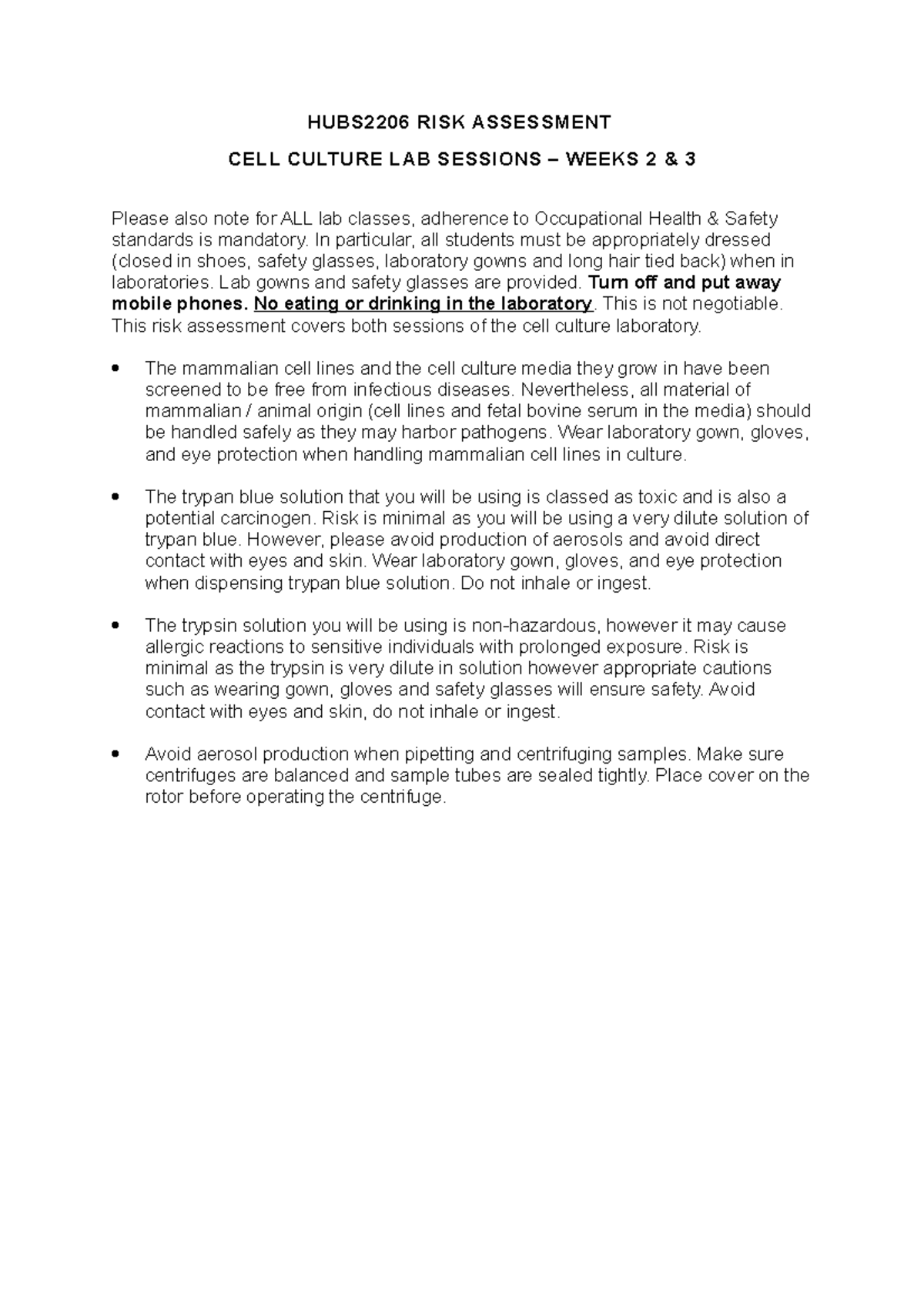 HUBS2206 2022 Week-3 Cell-Cultures - HUBS2206 RISK ASSESSMENT CELL ...