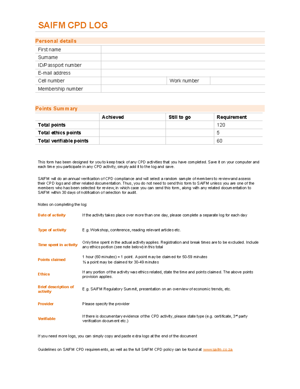 CPD-Log-Form - Form to apply for points on course - SAIFM CPD LOG ...
