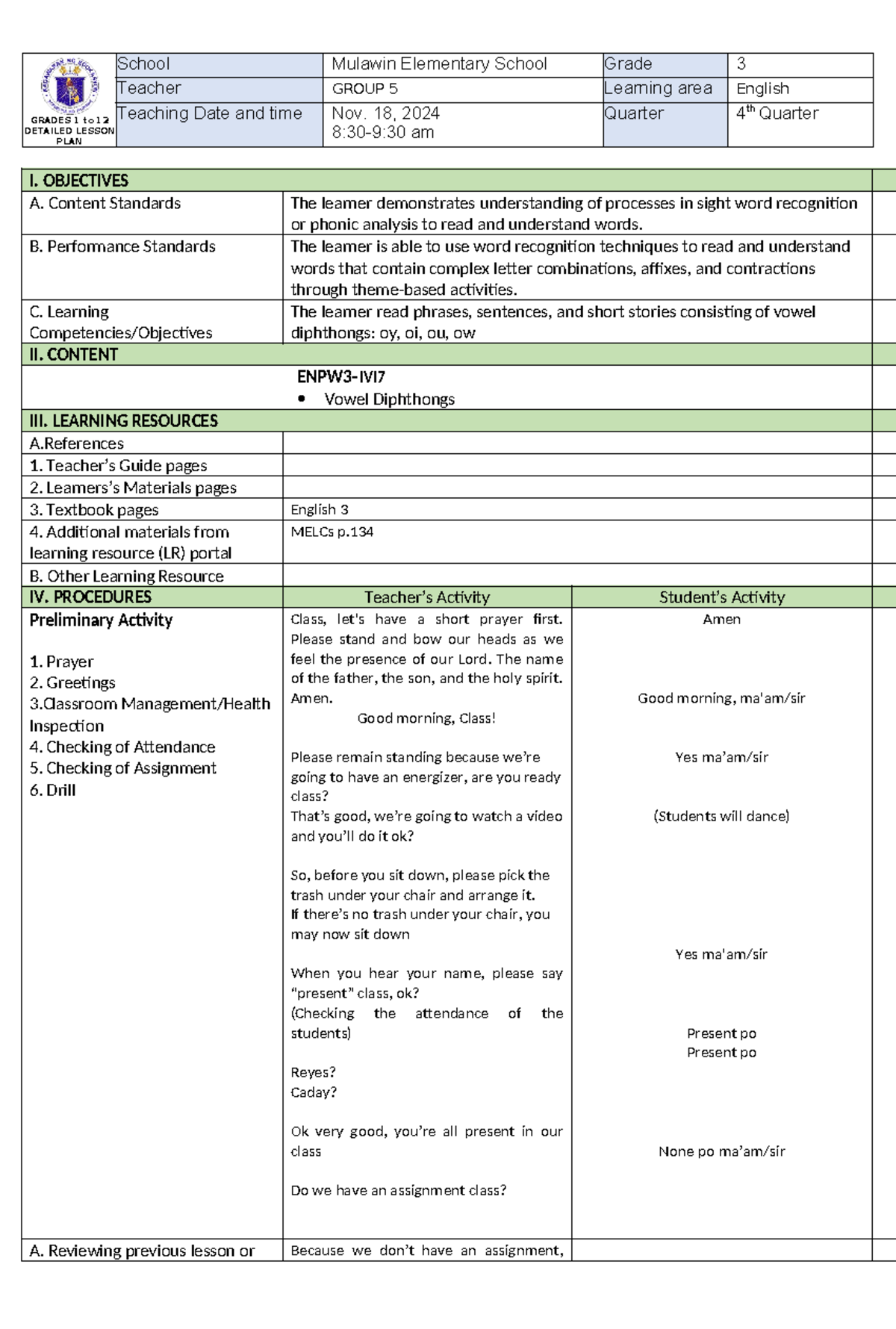 English-LP - Lesson Plan - GRADES 1 to 12 DETAILED LESSON PLAN School ...