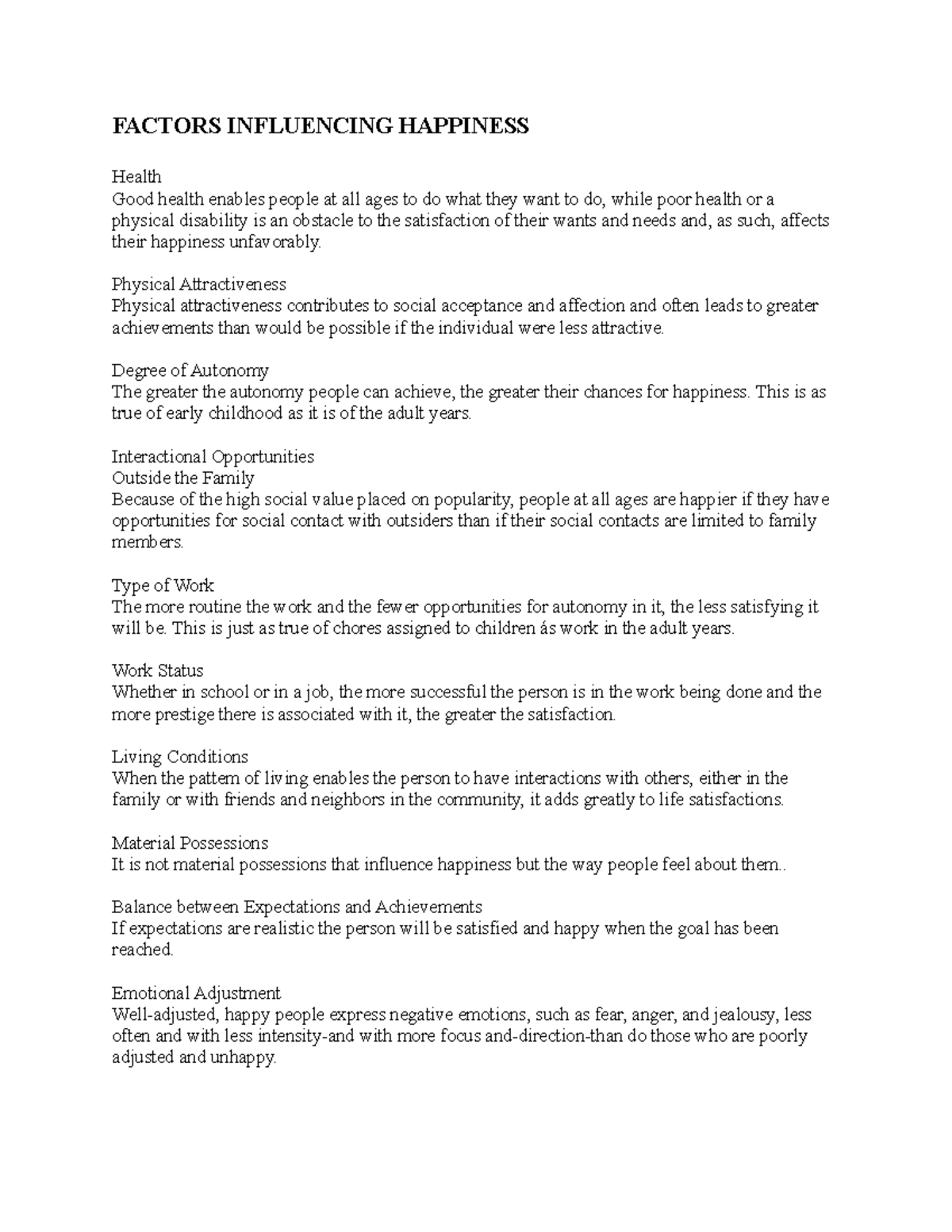Factors Influencing Happiness - FACTORS INFLUENCING HAPPINESS Health ...