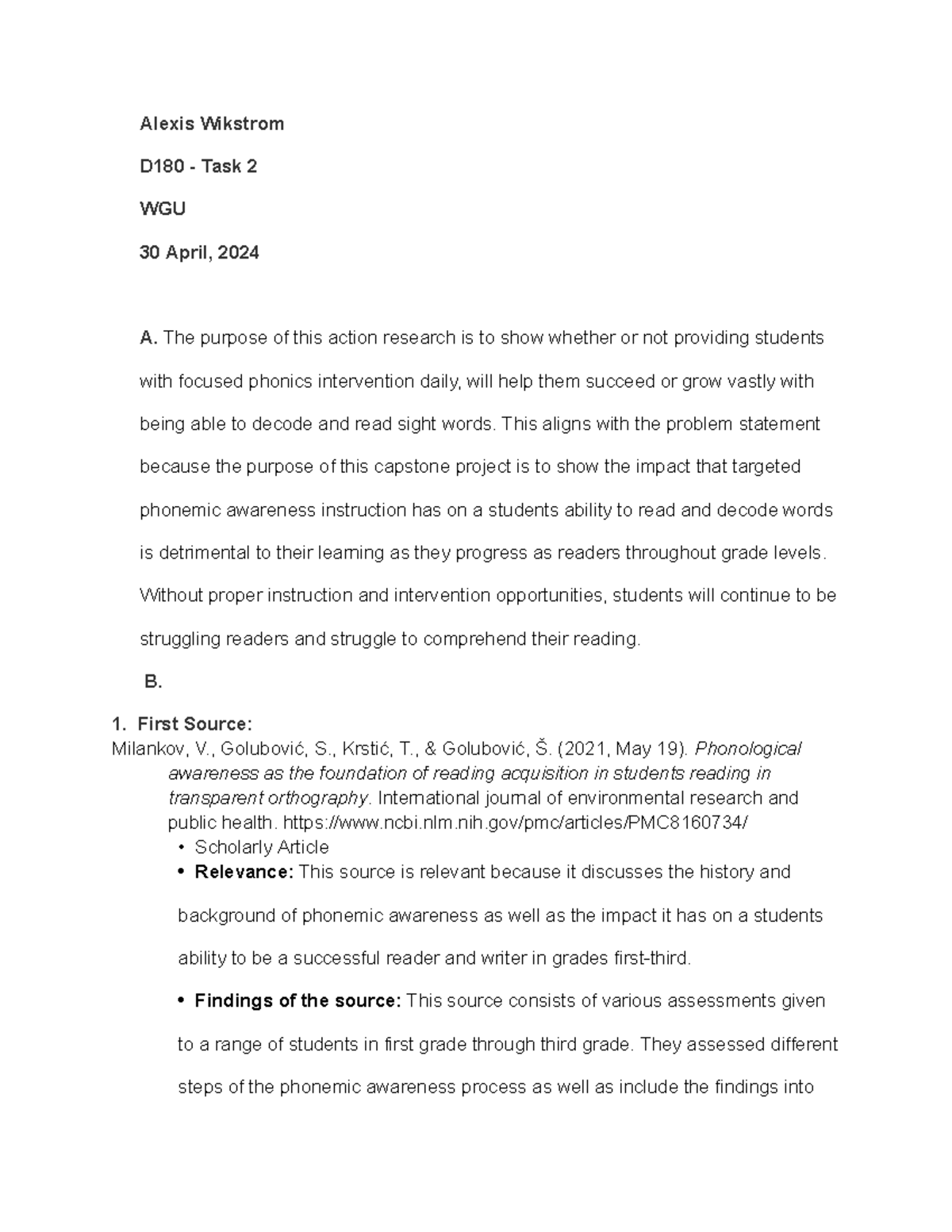 D180 task 2 - Alexis Wikstrom D180 - Task 2 WGU 30 April, 2024 A. The ...