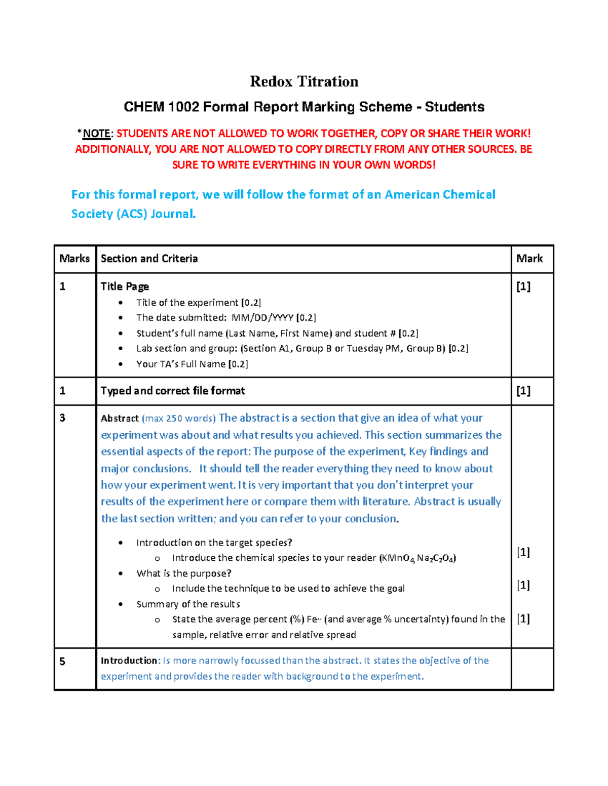 3- RT Marking Scheme-ACS-Students-Jan 2023 - Redox Titration CHEM 1002 ...
