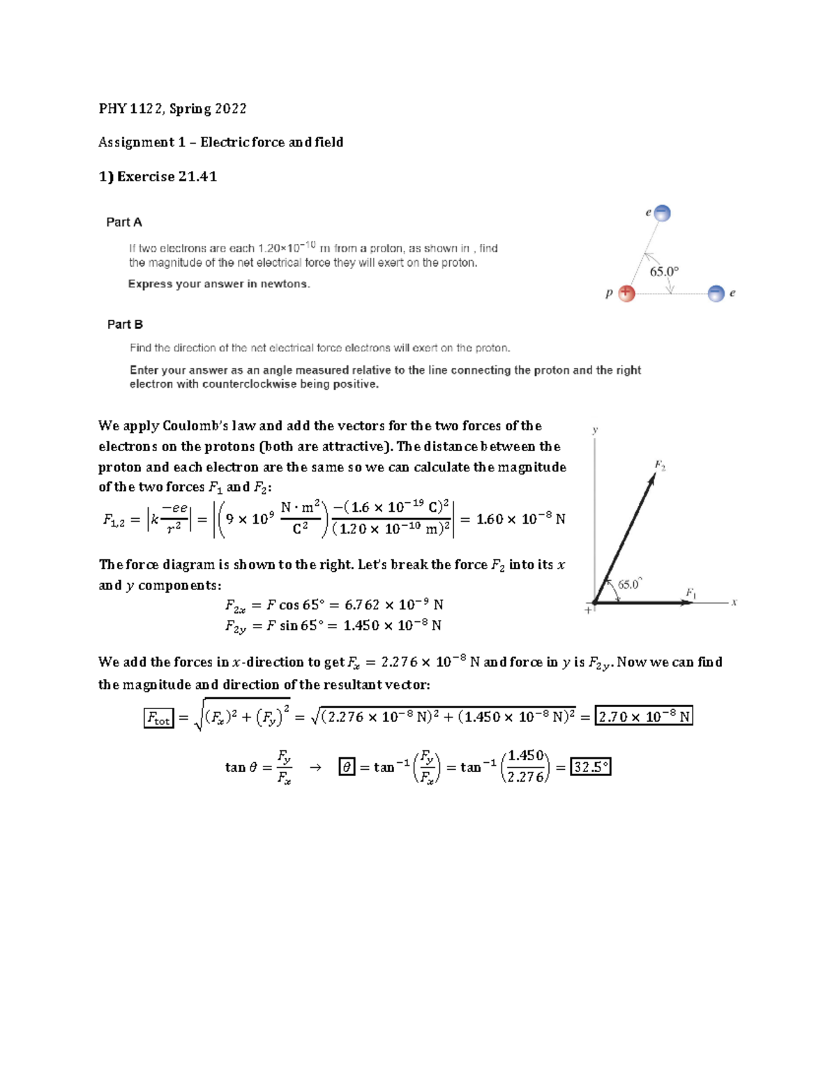 A1 solutions 20225 - PHY 1122, Spring 2022 Assignment 1 3 Electric ...