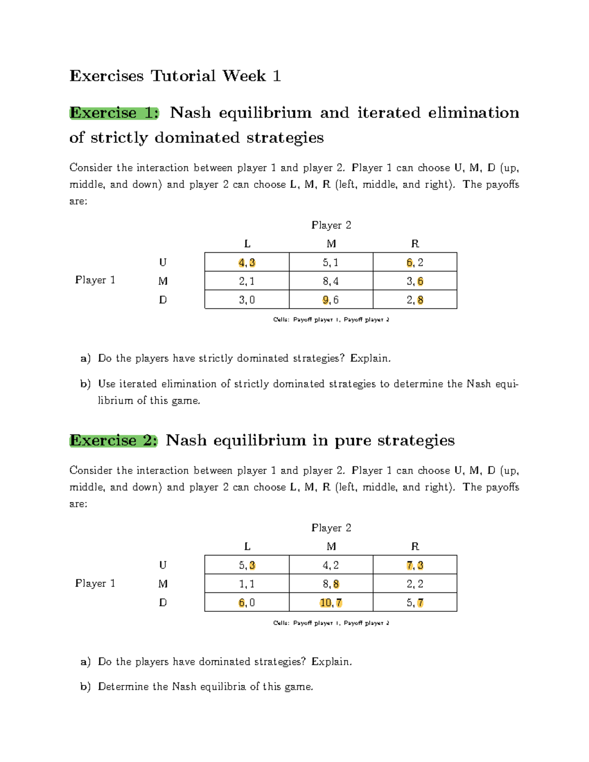 Exercises Tutorial Week 1 - Player 1 can choose U, M, D (up, middle, and down) and player 2 can ...