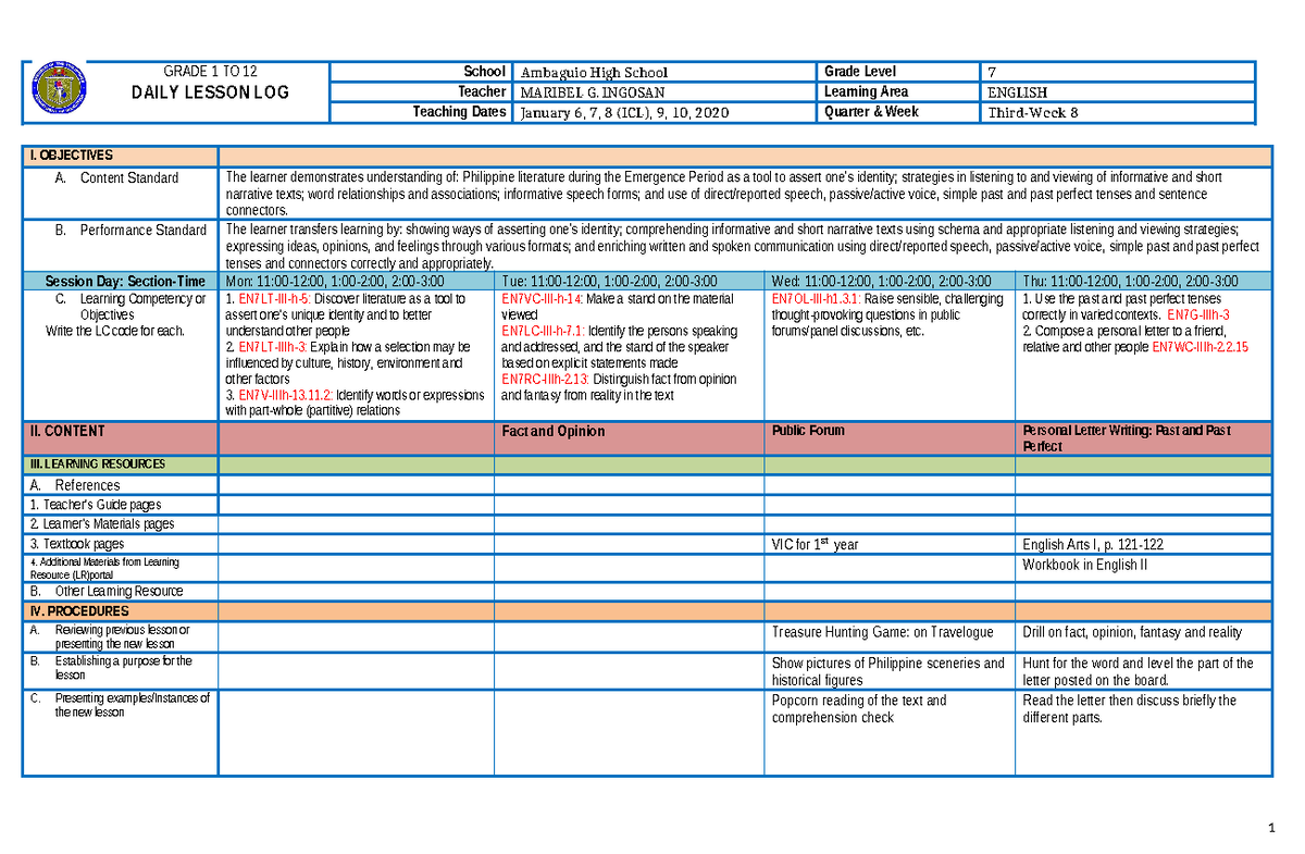 Week 8 - weekly dll English 7 & 8 - GRADE 1 TO 12 DAILY LESSON LOG ...