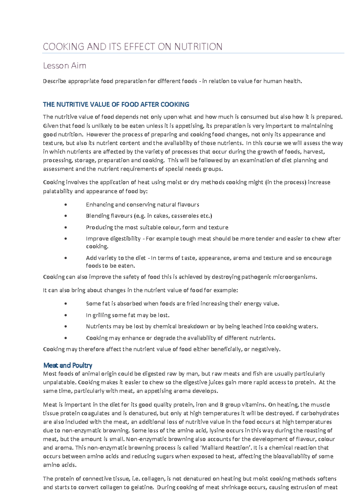 Lesson 1 and Assignment 1 Sample Human Nutrition II - COOKING AND ITS ...