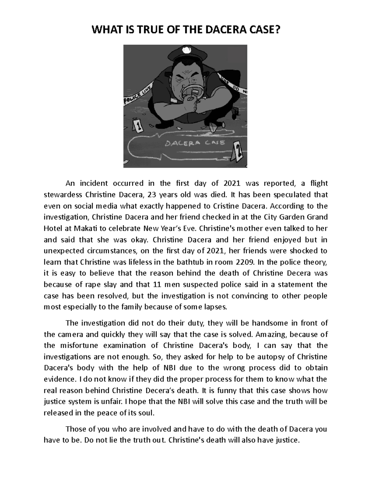 Editorial 1 Dacera case - WHAT IS TRUE OF THE DACERA CASE? An incident ...