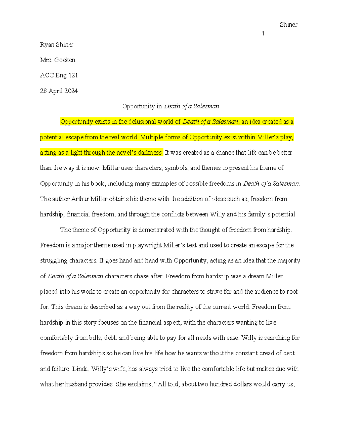 Ryan Shiner P3 Opportunity Essay Remake - Shiner 1 Ryan Shiner Mrs ...