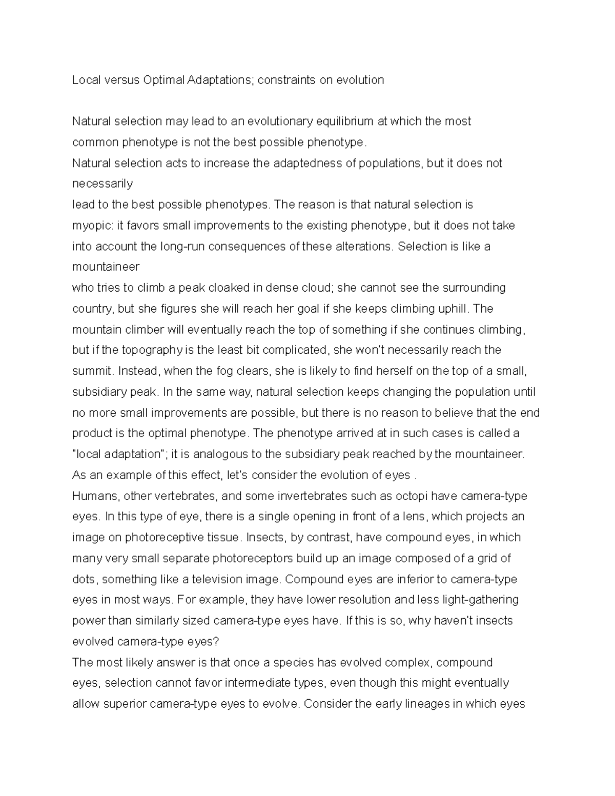 Local versus Optimal Adaptations; constraints on evolution - Natural ...