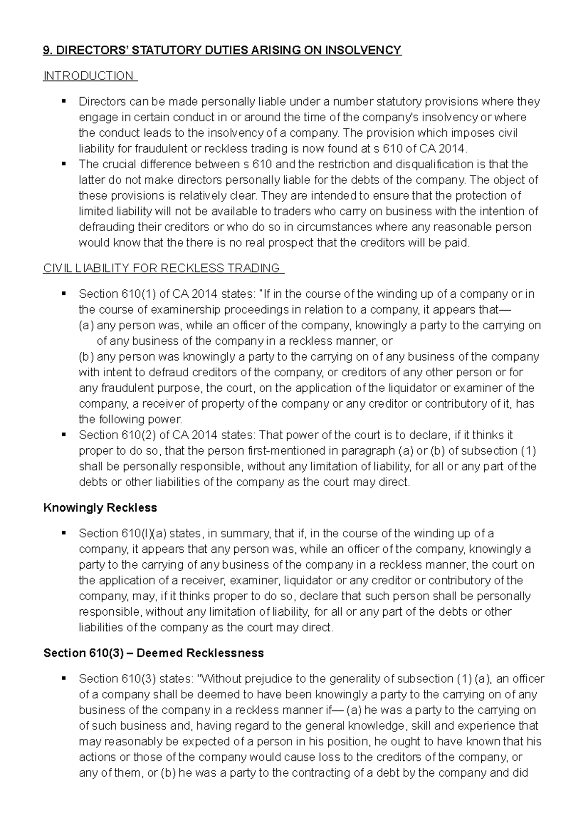9 Director's Statutory Duties on Insolvency - 9. DIRECTORS’ STATUTORY ...