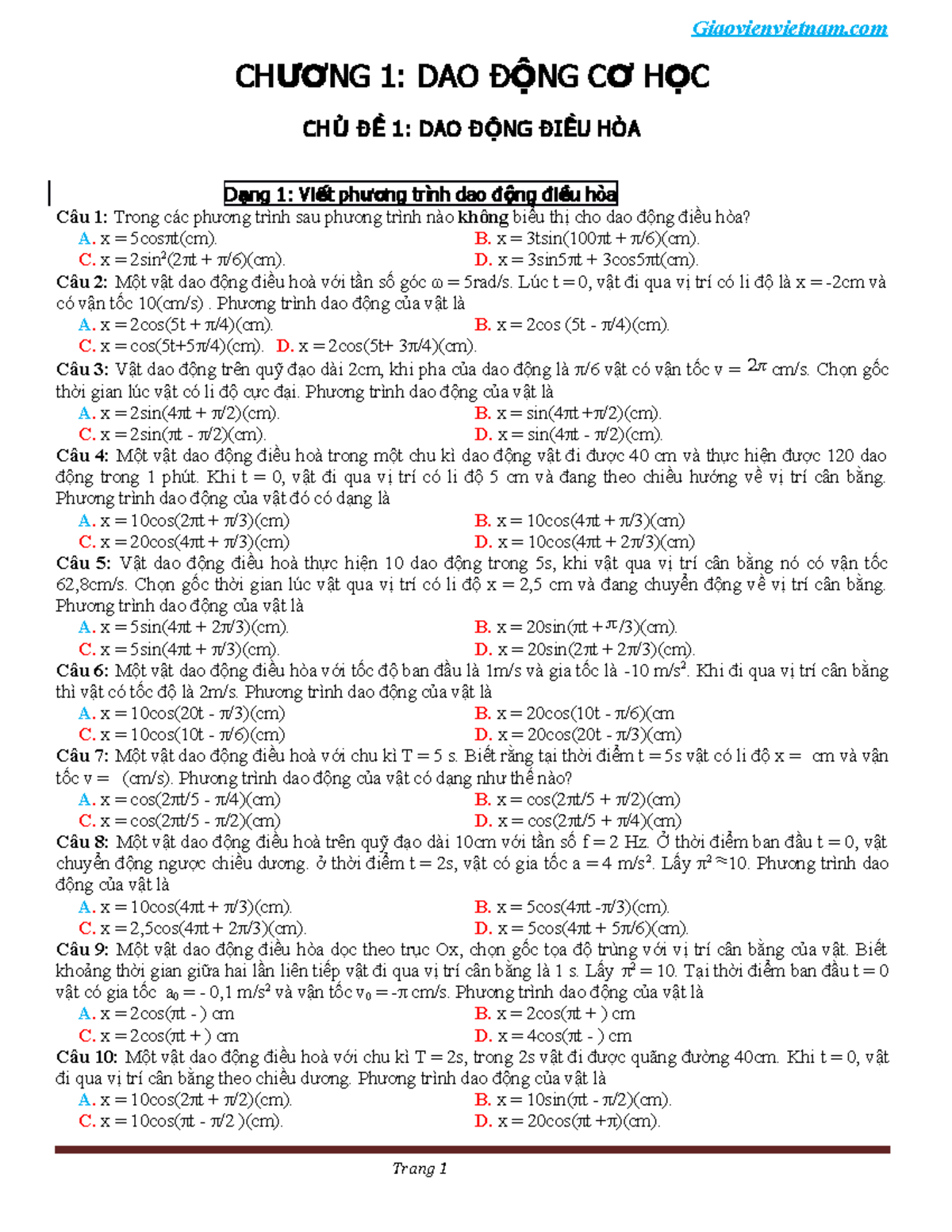 Phan dang bai tap Dao dong dieu hoa - CH ƯƠNG 1: DAO Đ ỘNG C Ơ H ỌC CH Ủ Đ Ề 1: DAO Đ ỘNG ĐI ỀU ...