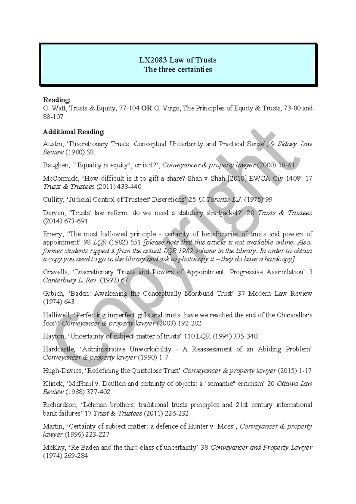 Handout-The Three Certainties - LX2083 Law of Trusts The three certainties Reading: G. Watt ...