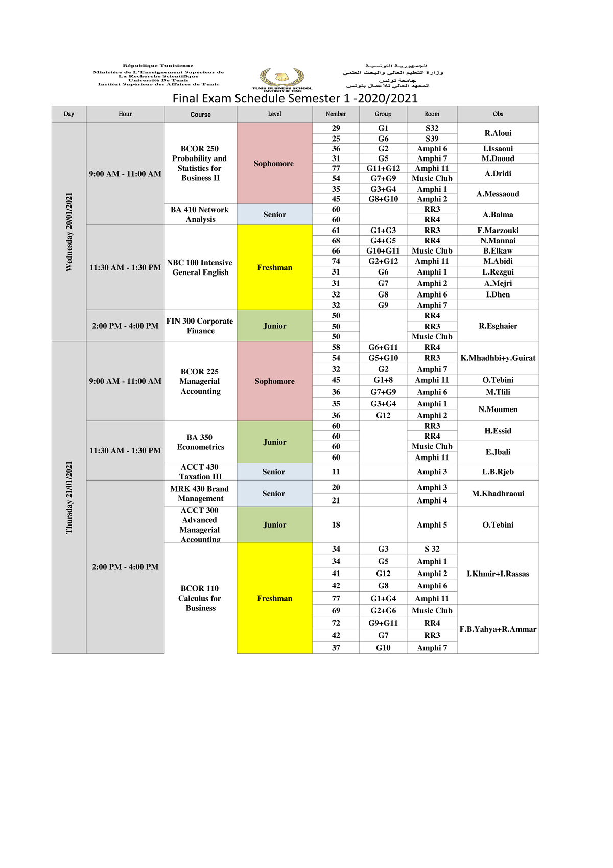 Final Exam S1-2020-2021 - Day Hour Course Level Nember Group Room Obs ...