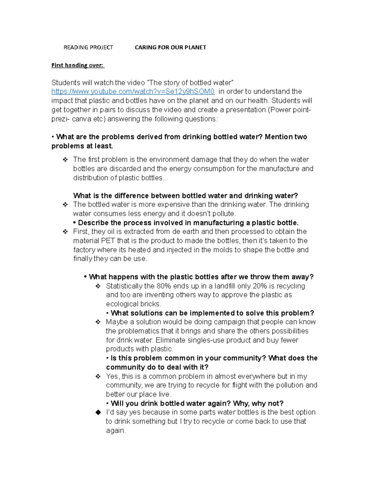 Reading Project Caring FOR OUR Planet - READING PROJECT CARING FOR OUR ...