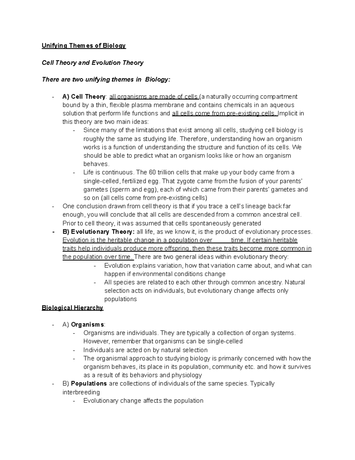 BIO 114- Lecture 1 Notes and Video - Unifying Themes of Biology Cell ...
