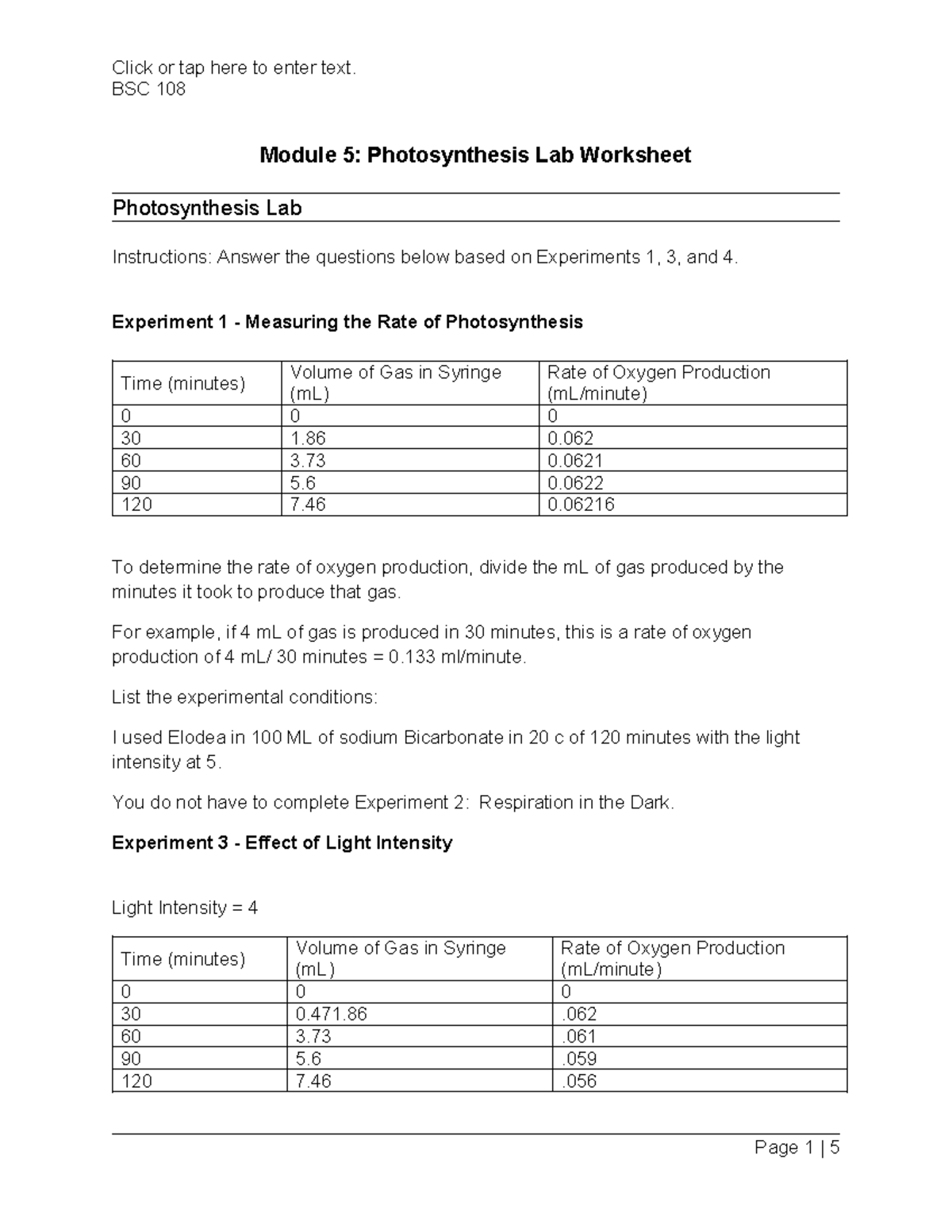 BCE 108 Lab-5-Photosynthesis-Worksheet - BSC 108 Module 5: Photosynthesis Lab Worksheet - Studocu