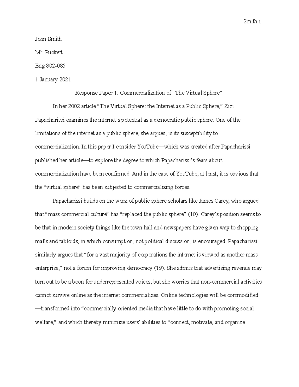 Response Paper Sample - John Smith Mr. Puckett Eng 802- 1 January 2021 ...