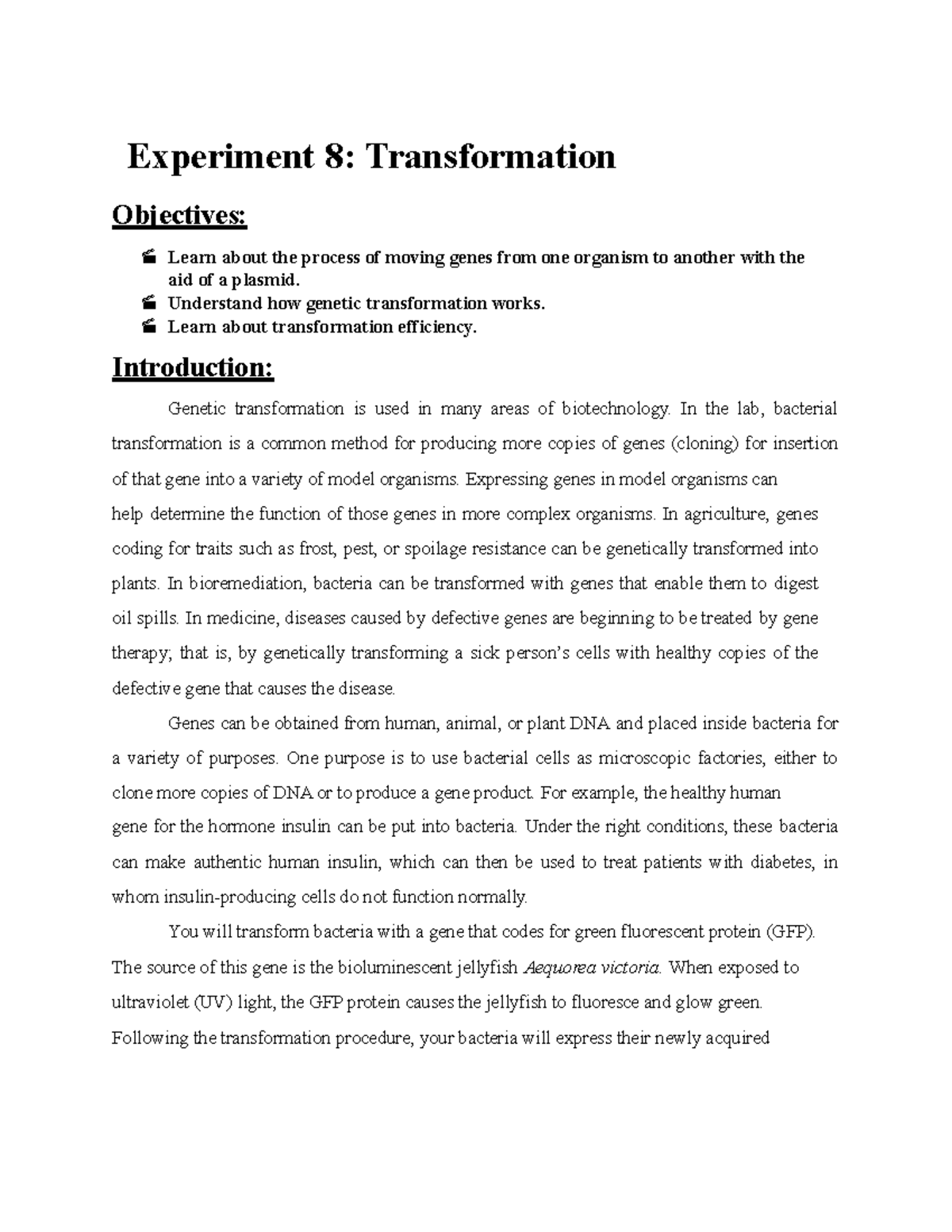 Cmbexp 5 Bacterial Transformation - Experiment 8: Transformation ...
