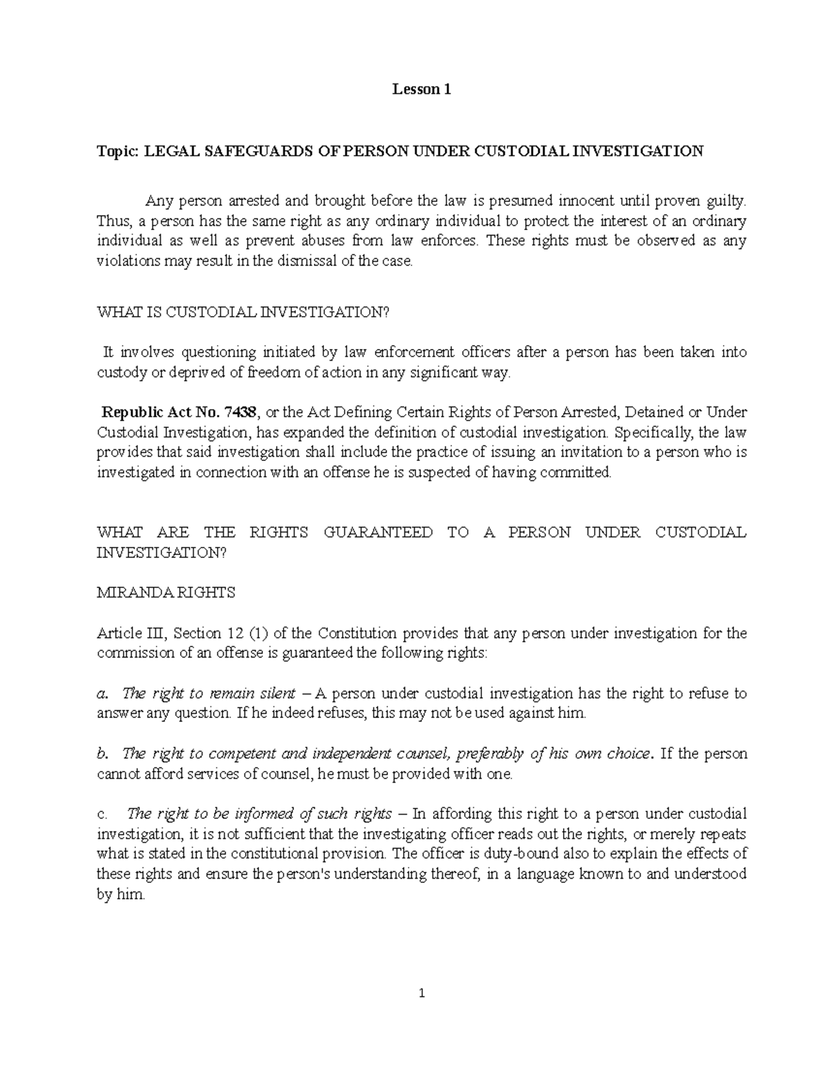 Reviewer CDI2 - Lesson 1 Topic: LEGAL SAFEGUARDS OF PERSON UNDER ...