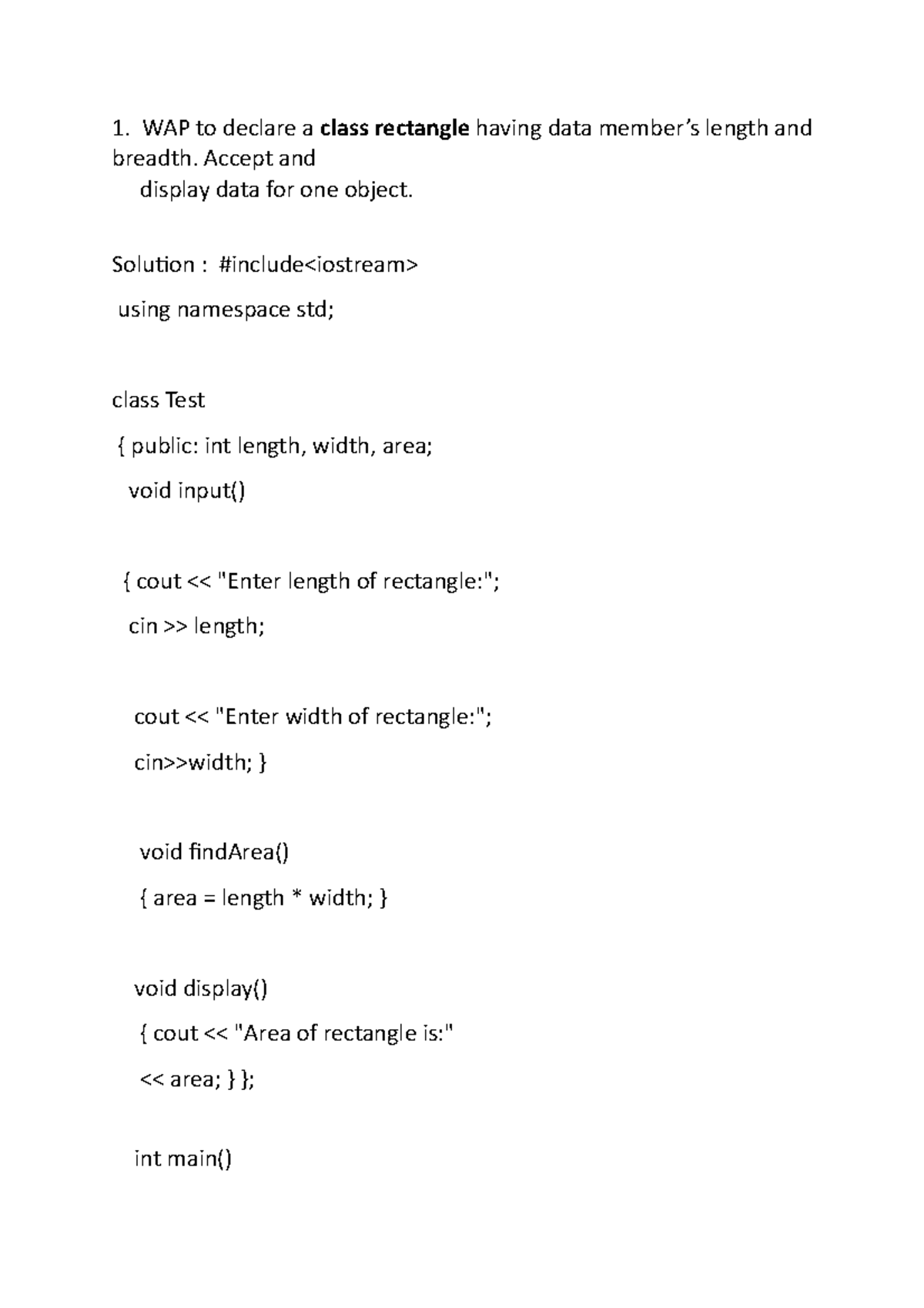 C++ question bank sol - WAP to declare a class rectangle having data ...