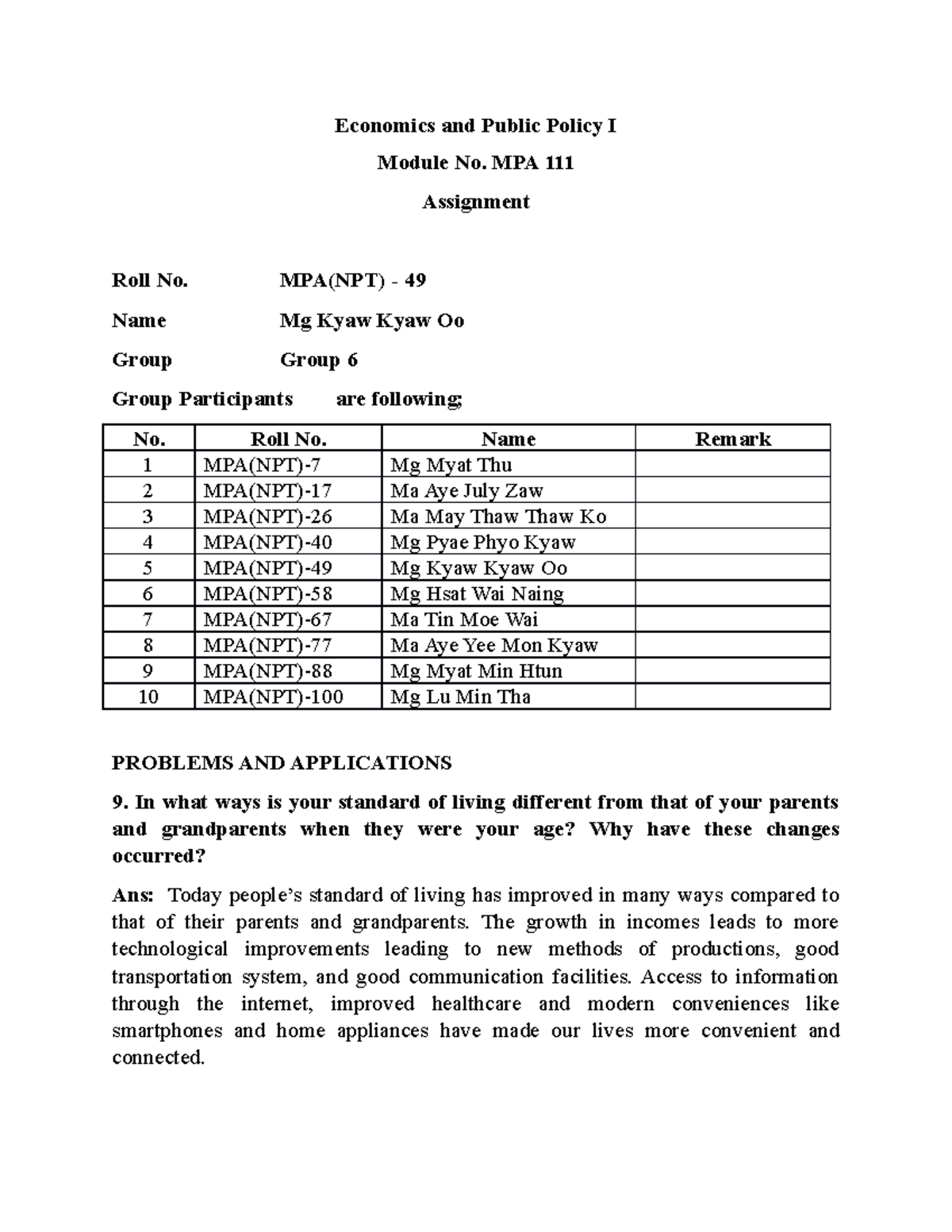 Assignment MPA 111 Cpt 1 - Economics and Public Policy I Module No. MPA 111 Assignment Roll No ...