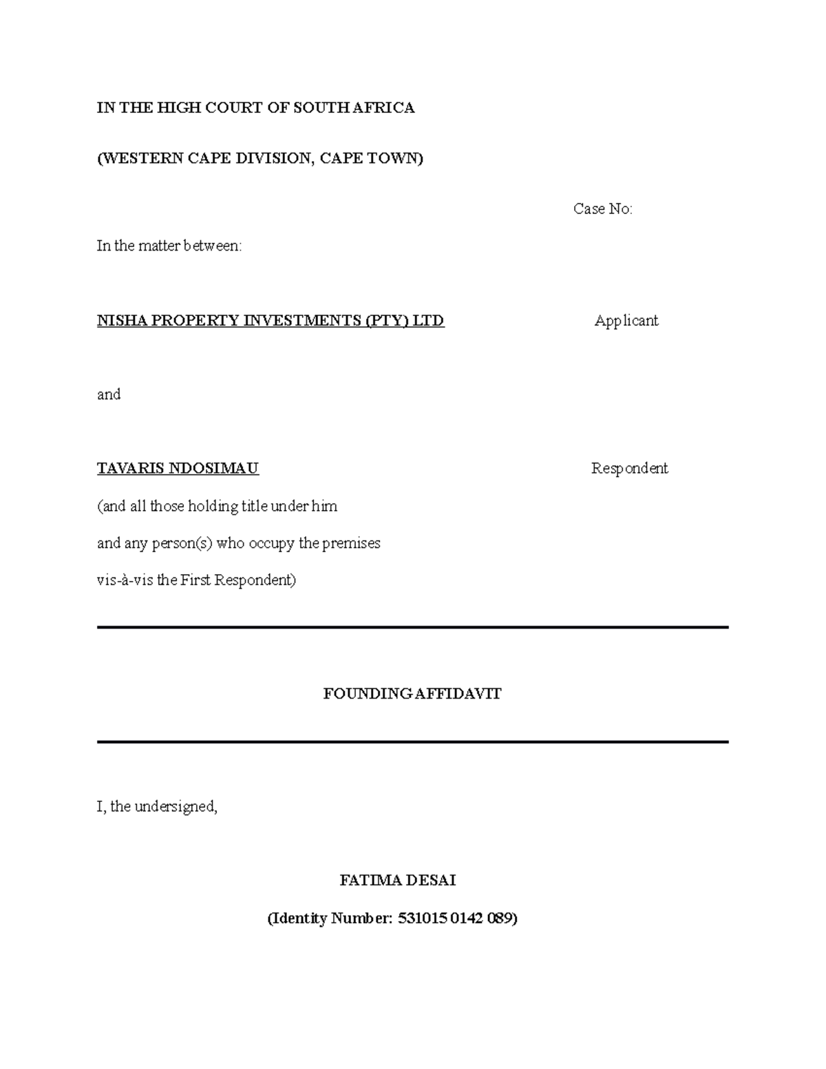 Founding Affidavit - IN THE HIGH COURT OF SOUTH AFRICA (WESTERN CAPE ...