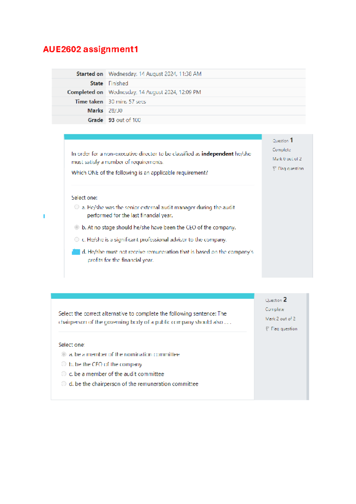AUE2602 assignment 1 - Flag question Which ONE of the following is an ...