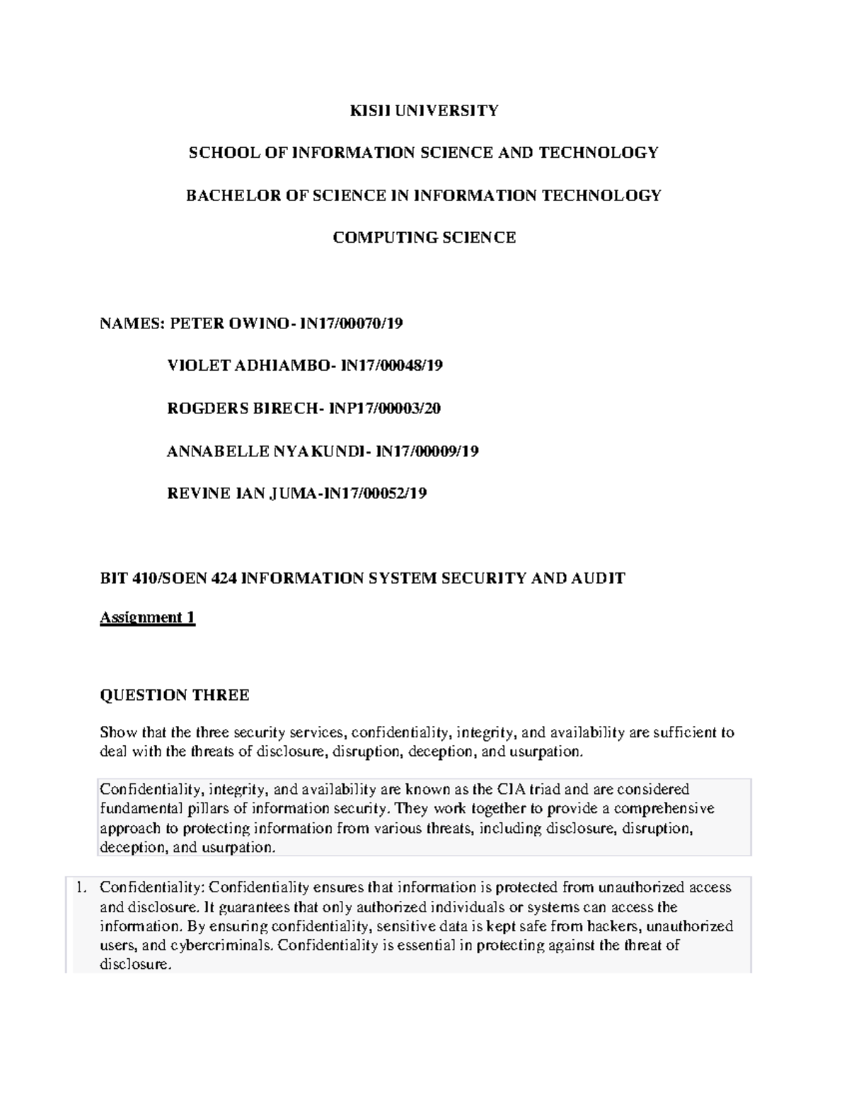 BIT 410 SOEN 424 Class Assignments - KISII UNIVERSITY SCHOOL OF ...