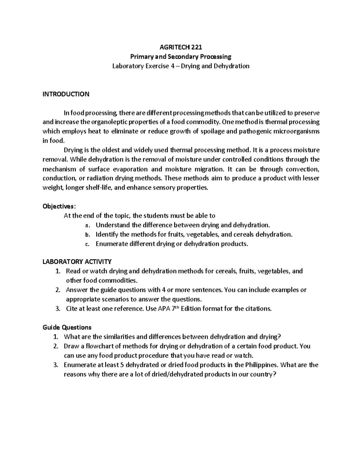 Laboratory Exer 4 - AGRITECH 221 Primary and Secondary Processing ...