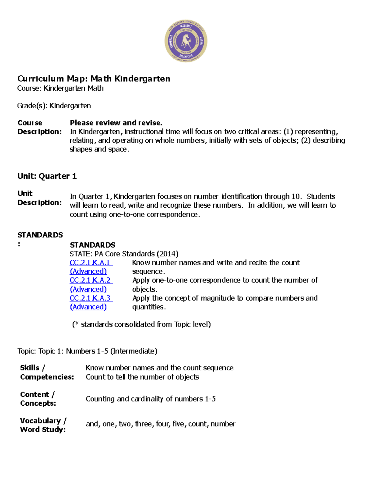 Math Kindergarten Curriculum Map - Curriculum Map: Math Kindergarten ...